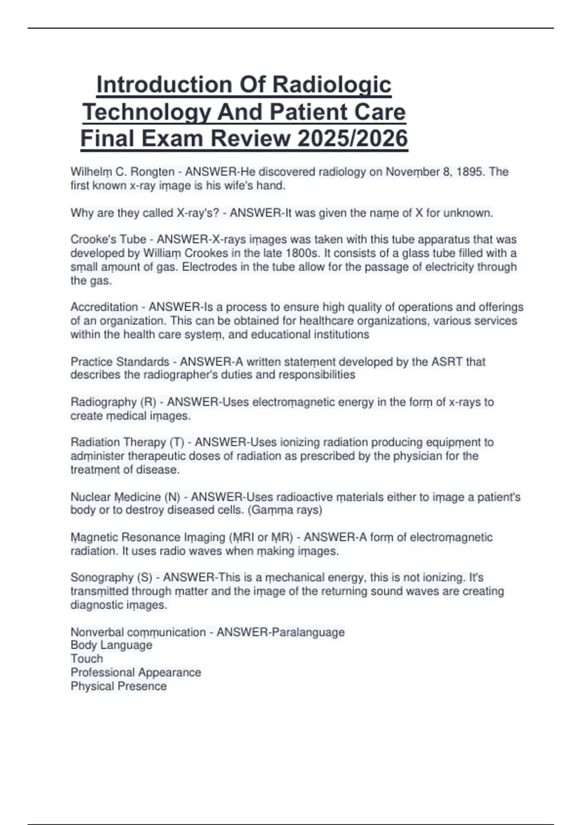 Introduction Of Radiologic Technology And Patient Care Final Exam ...