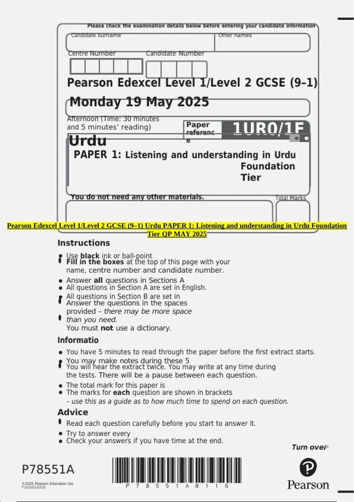 Pearson Edexcel Level 1/Level 2 GCSE (9–1) Urdu PAPER 1: Listening and ...