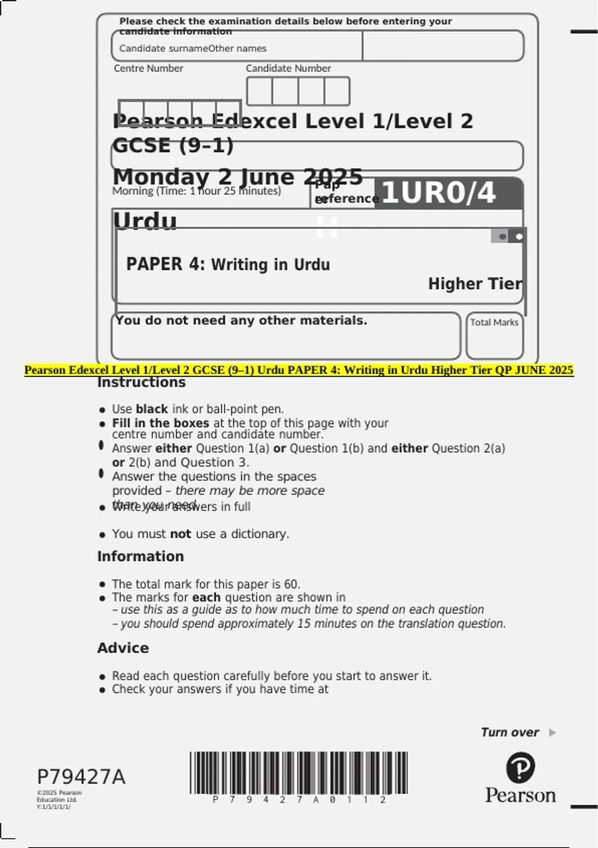 Pearson Edexcel Level 1/Level 2 GCSE (9–1) Urdu PAPER 4: Writing in ...