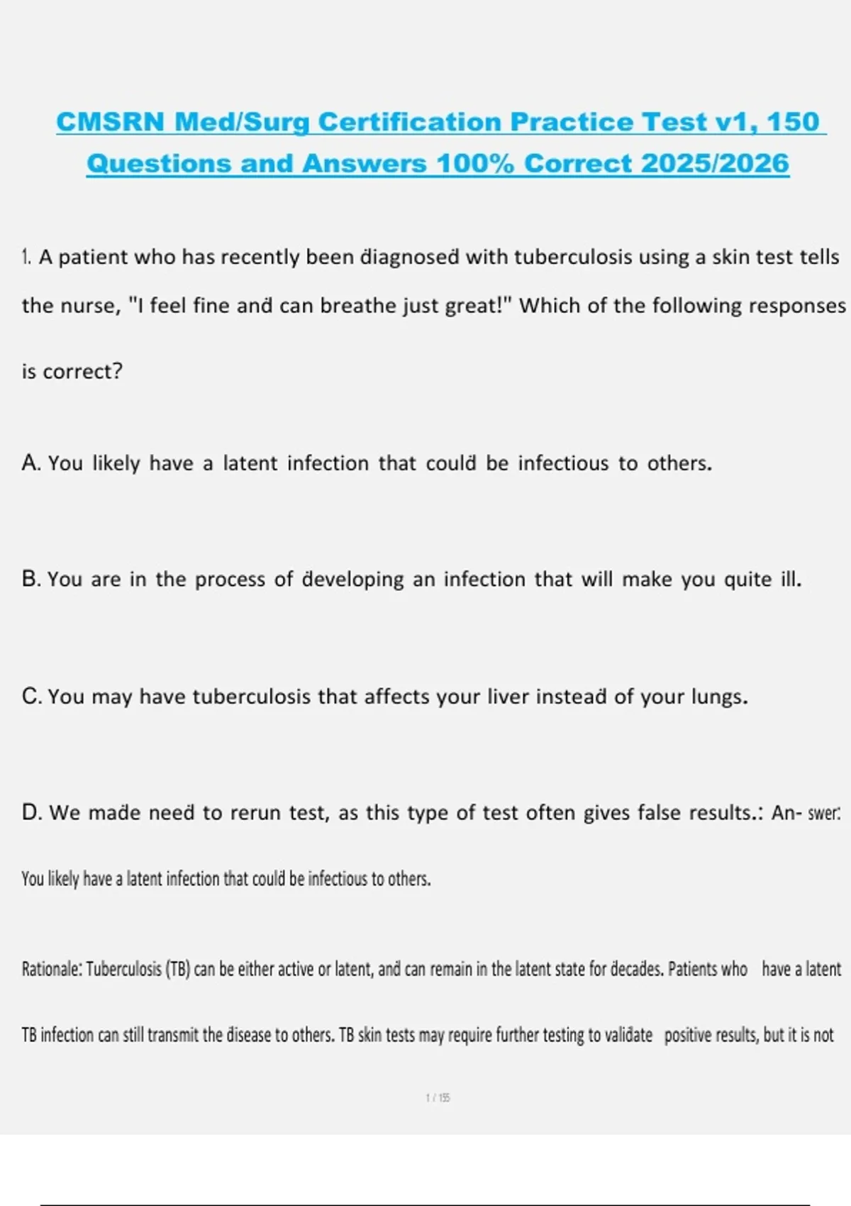CMSRN Med/Surg Certification Practice Test v1: 150 Questions and 100% ...