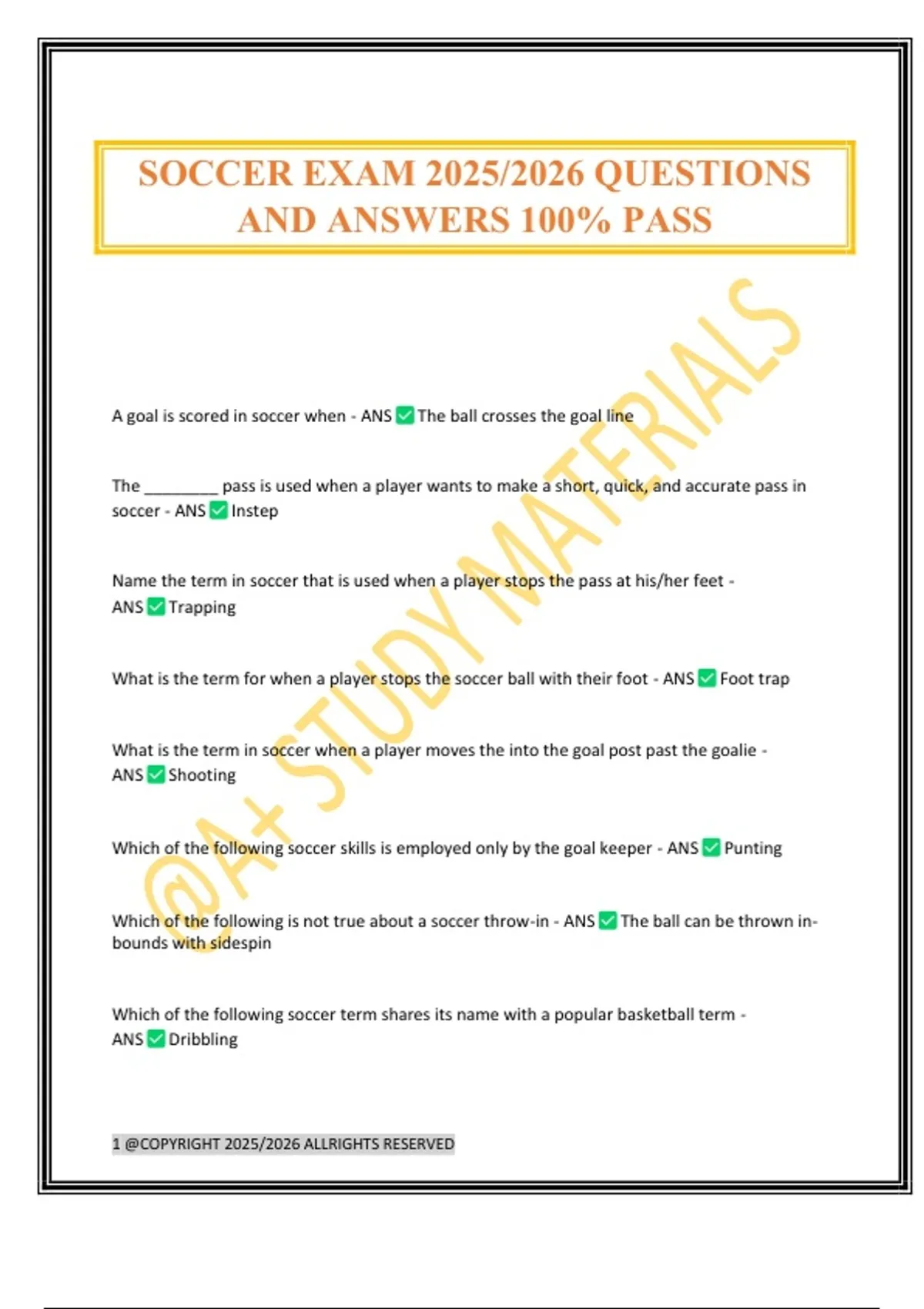 SOCCER EXAM 2025/2026 QUESTIONS AND ANSWERS 100% PASS - SOCCER - Stuvia US