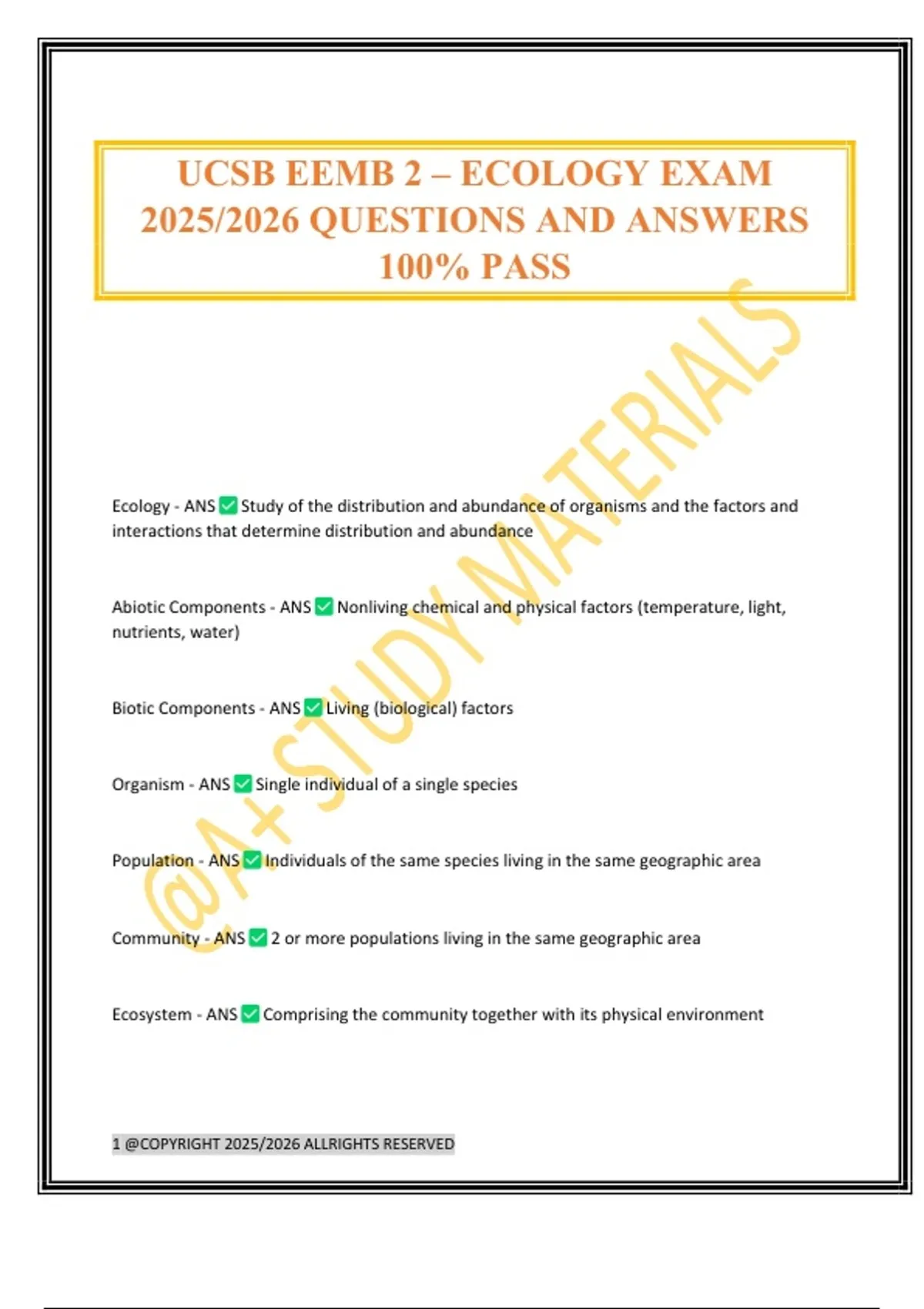 UCSB EEMB 2 – ECOLOGY EXAM 2025/2026 QUESTIONS AND ANSWERS 100% PASS ...