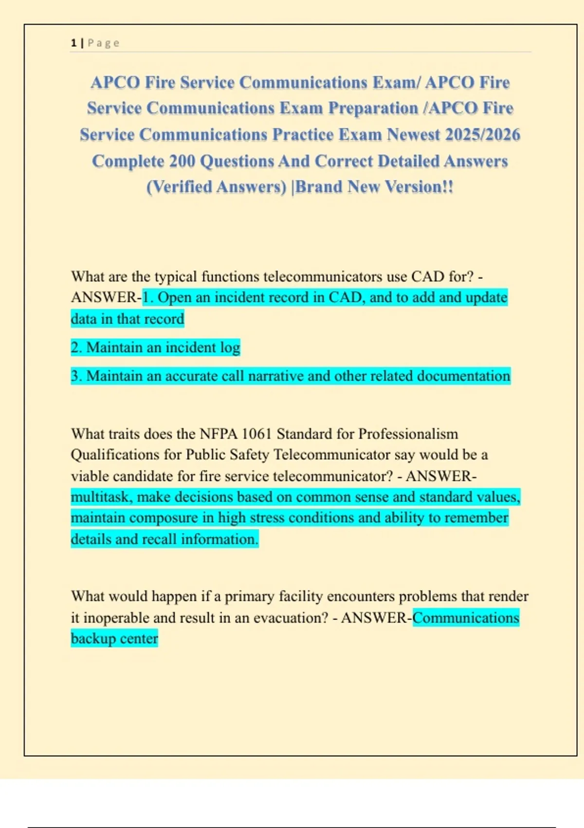 APCO Fire Service Communications Exam/ APCO Fire Service Communications ...