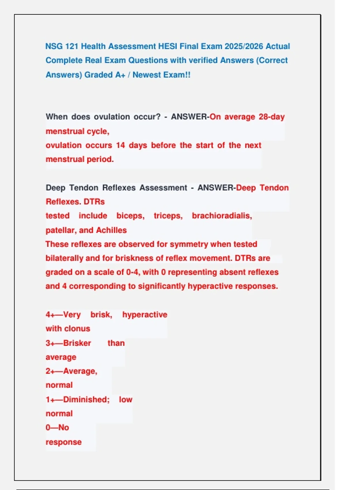 NSG 121 Health Assessment HESI Final Exam 2025/2026 Actual Complete ...