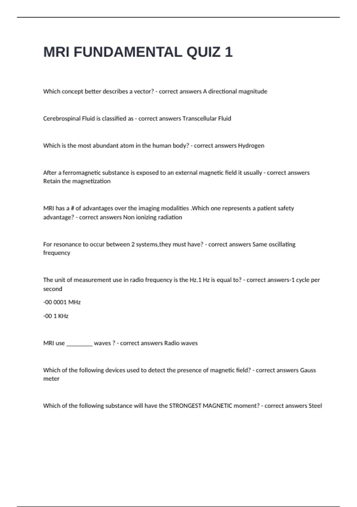 MRI FUNDAMENTAL QUIZ 1 PROCTORED EXAM QUESTIONS AND ANSWERS 2025 ...