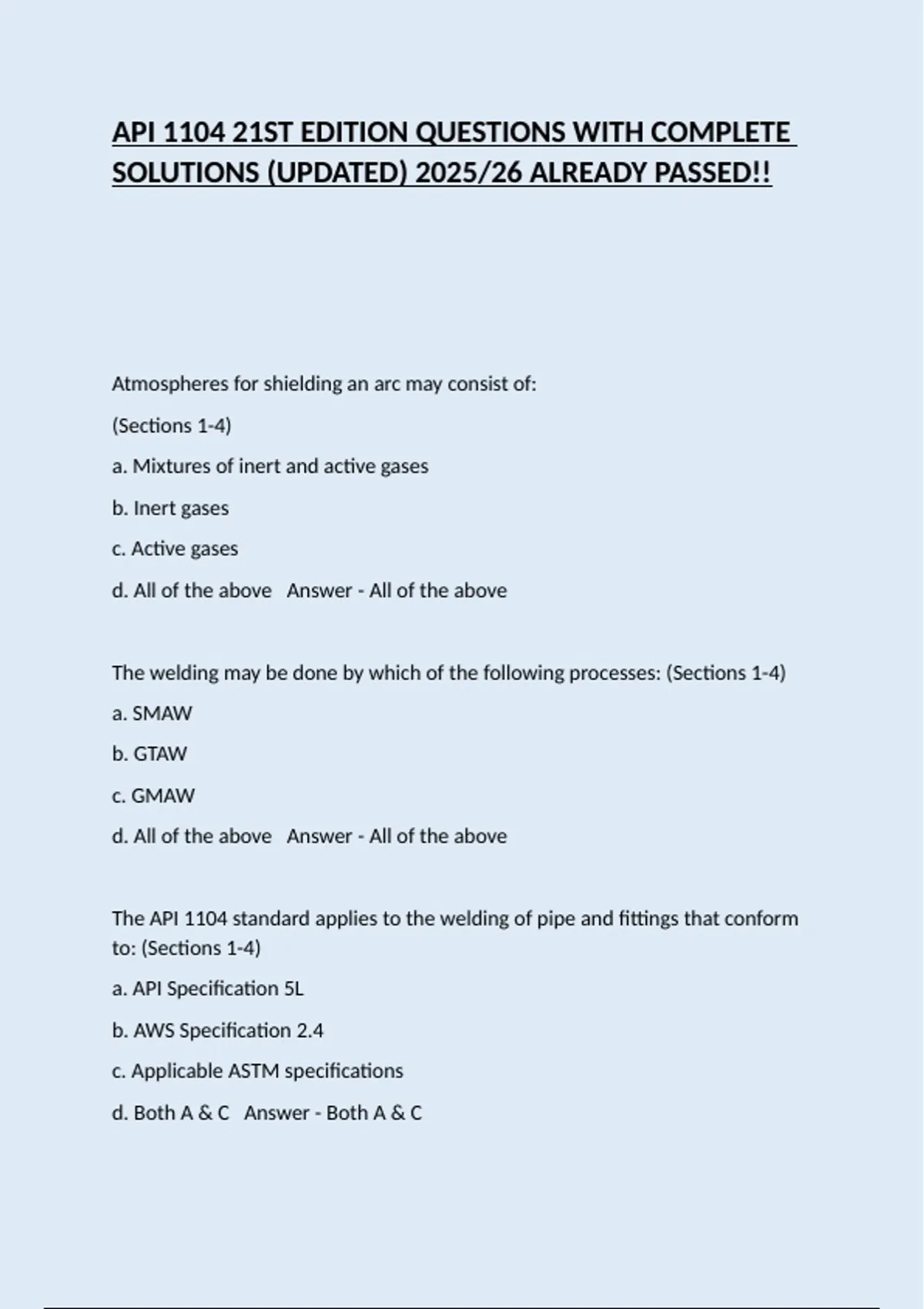 API 1104 21ST EDITION QUESTIONS WITH COMPLETE SOLUTIONS (UPDATED) 2025/ ...