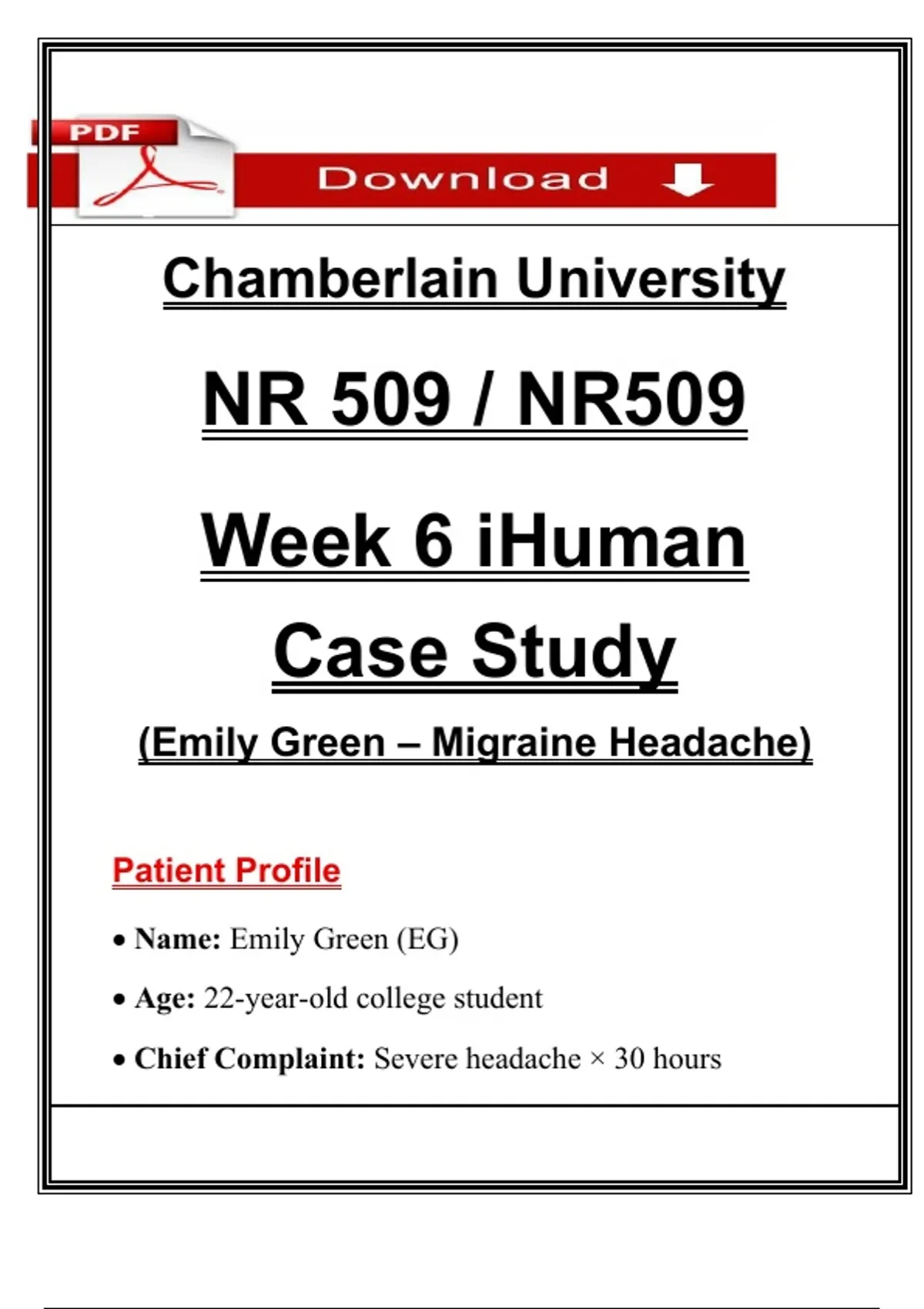 NR 509 Week 6 iHuman Case Study – Emily Green (Migraine Headache) 2025/ ...