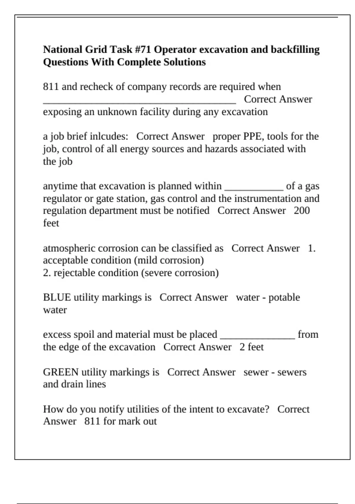 National Grid Task #71 Operator excavation and backfilling Questions With Complete Solutions ...
