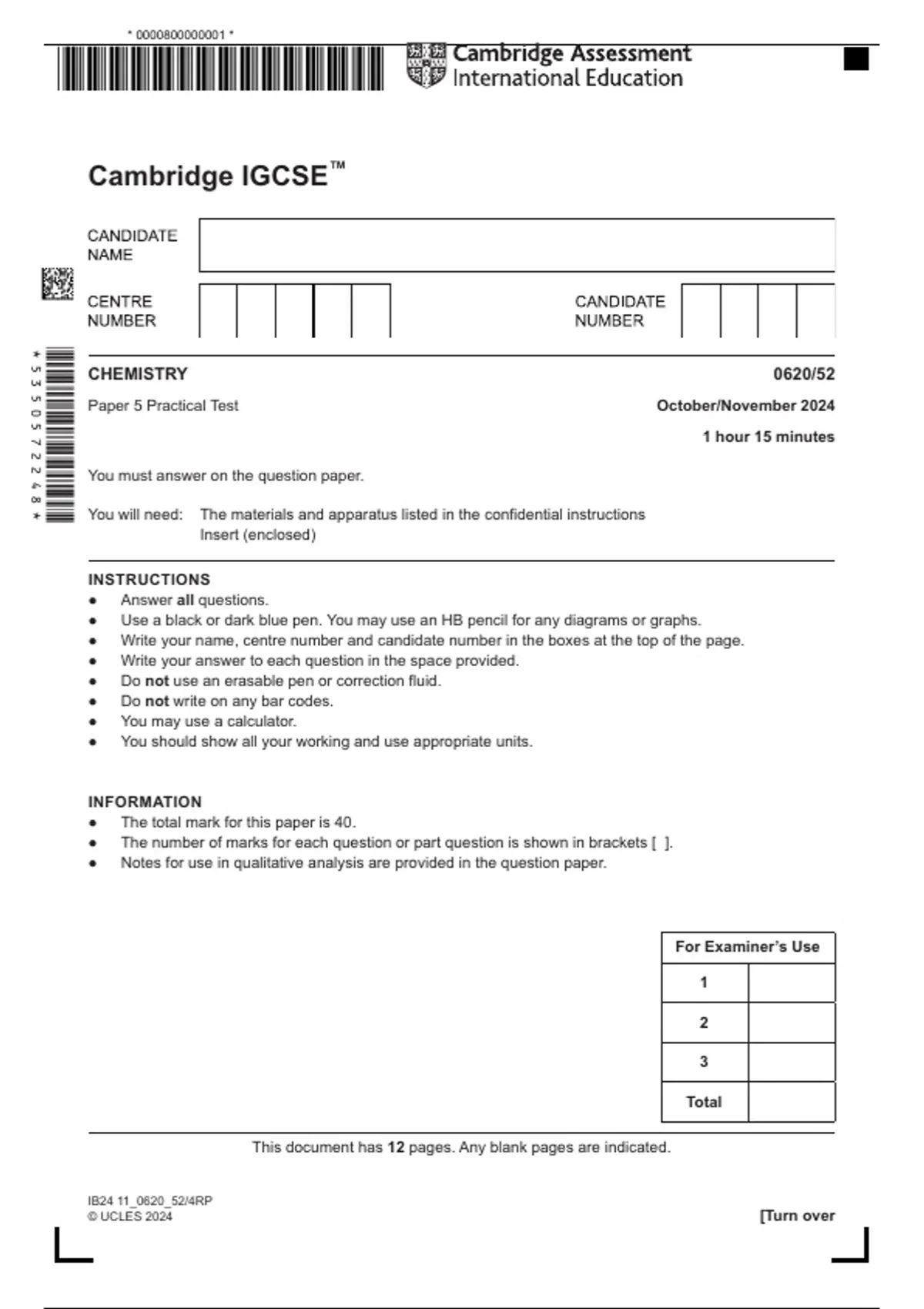 Chemistry - 0620 / 52 Paper 5 - Practical Test Question Paper - October ...