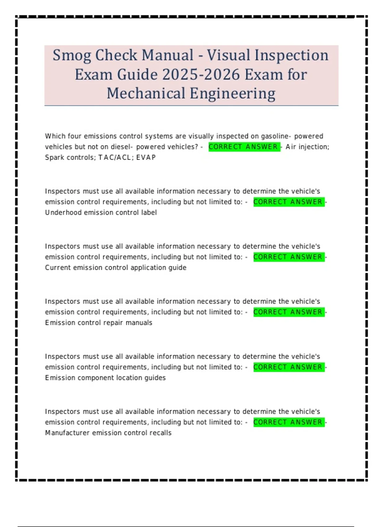 Smog Check Manual - Visual Inspection Exam Guide Exam for Mechanical ...