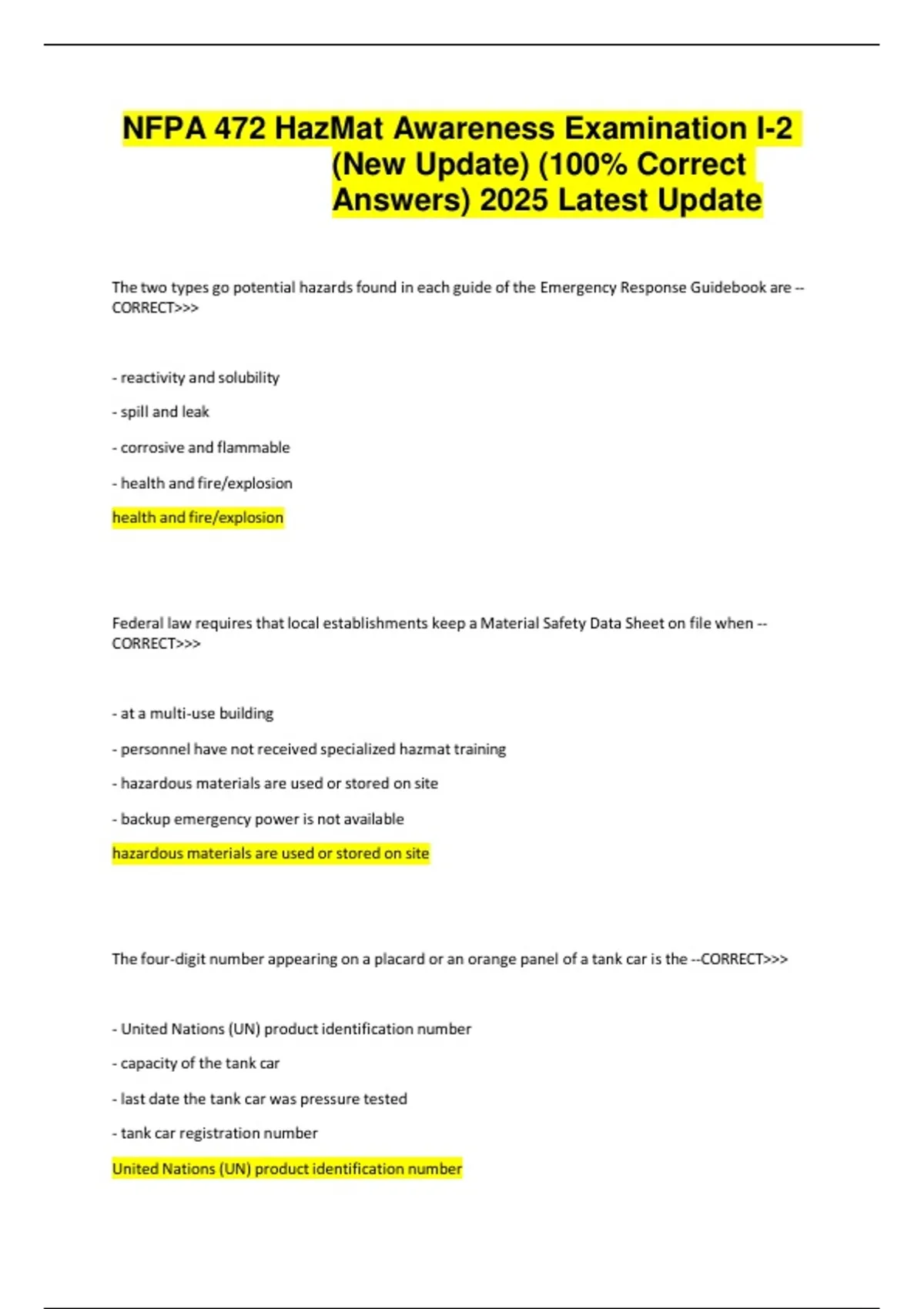 NFPA 472 HazMat Awareness Examination I-2 (New Update) (100% Correct ...