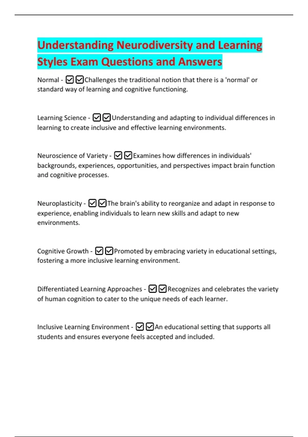 Understanding Neurodiversity and Learning Styles Exam Questions and ...