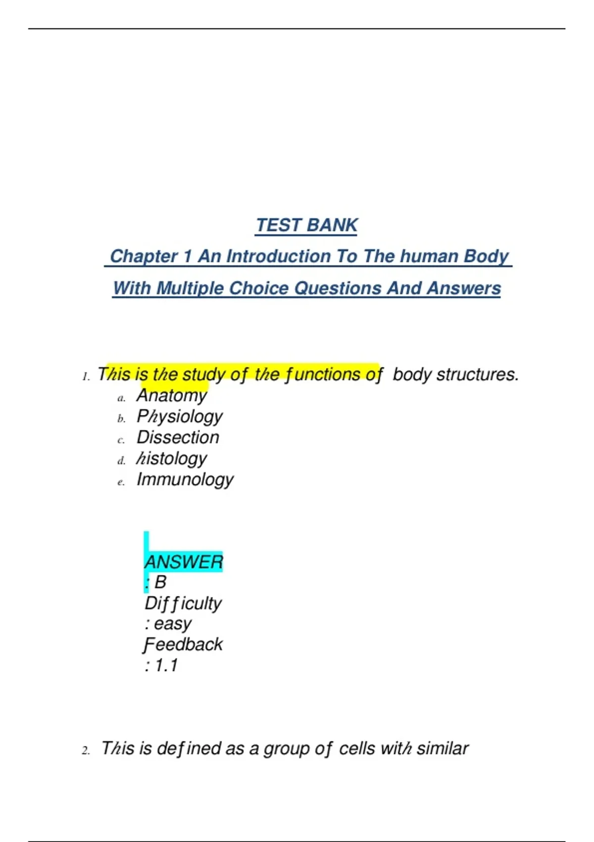 Full Test Bank – Human Anatomy & Physiology, 10th Edition by Marieb ...