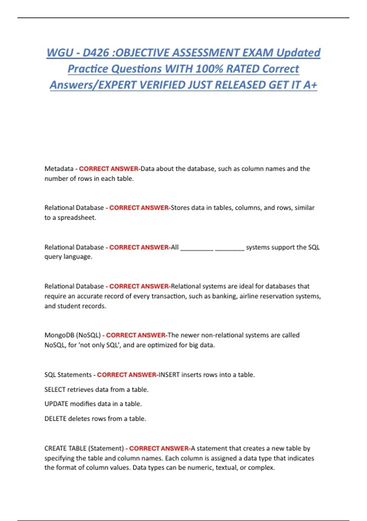WGU D426 Objective Assessment – Data Management and Analytics ...