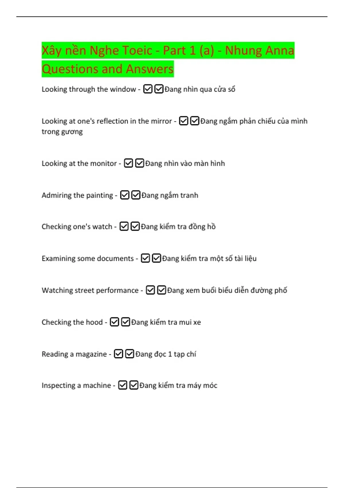 Xây nền Nghe Toeic - Part 1 (a) - Nhung Anna Questions and Answers ...