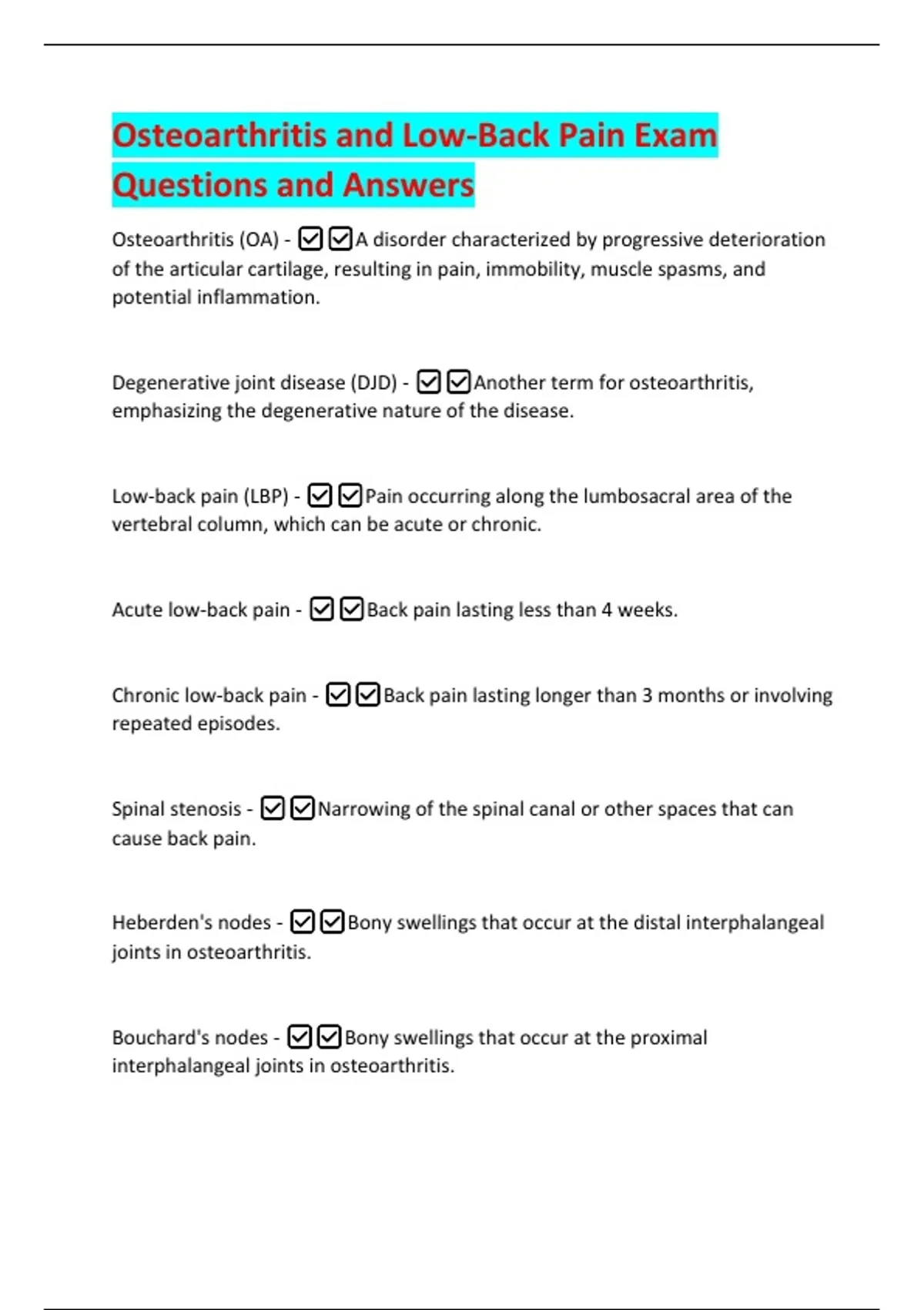Osteoarthritis and Low-Back Pain Exam Questions and Answers ...