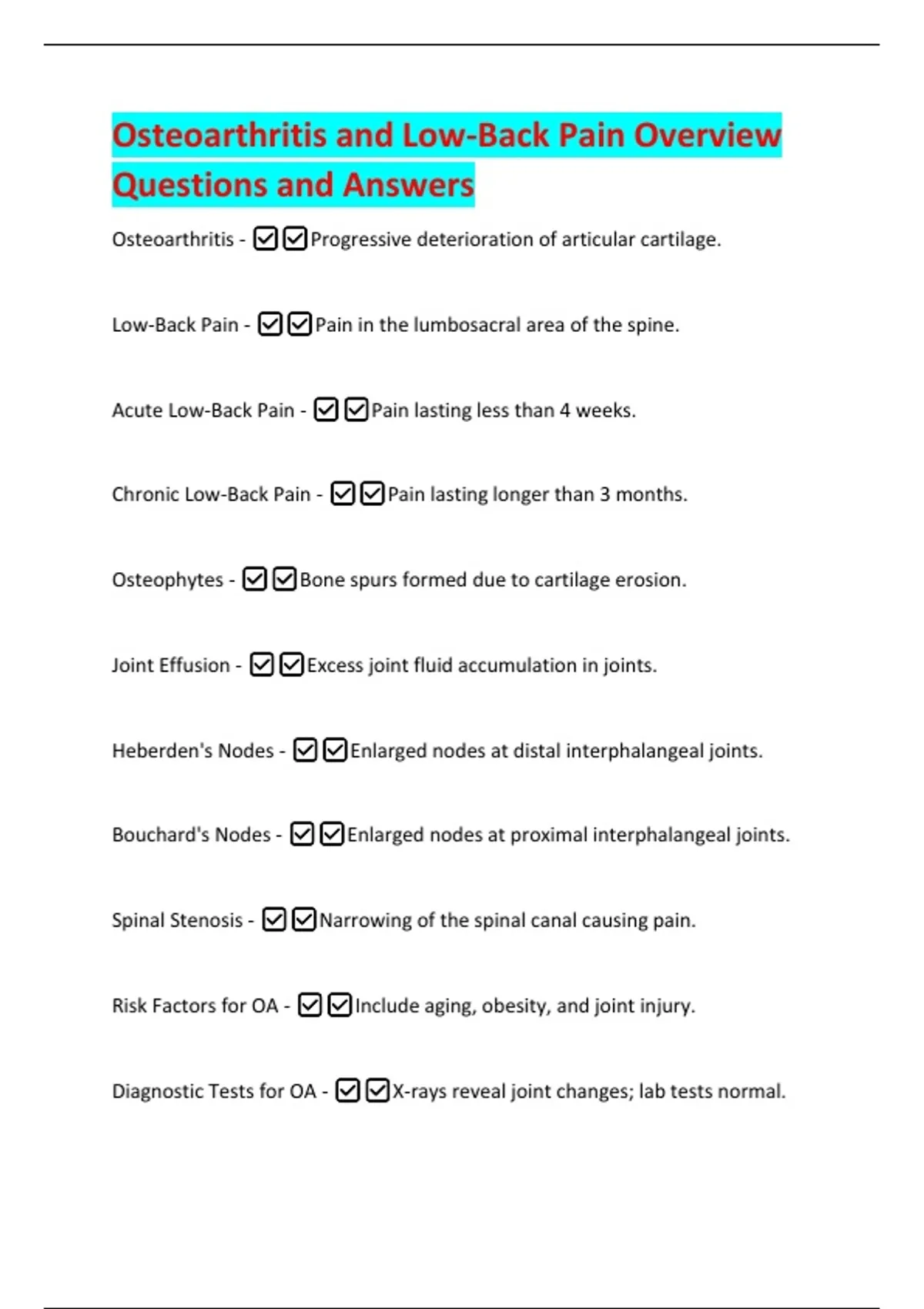 Osteoarthritis and Low-Back Pain Overview Questions and Answers ...