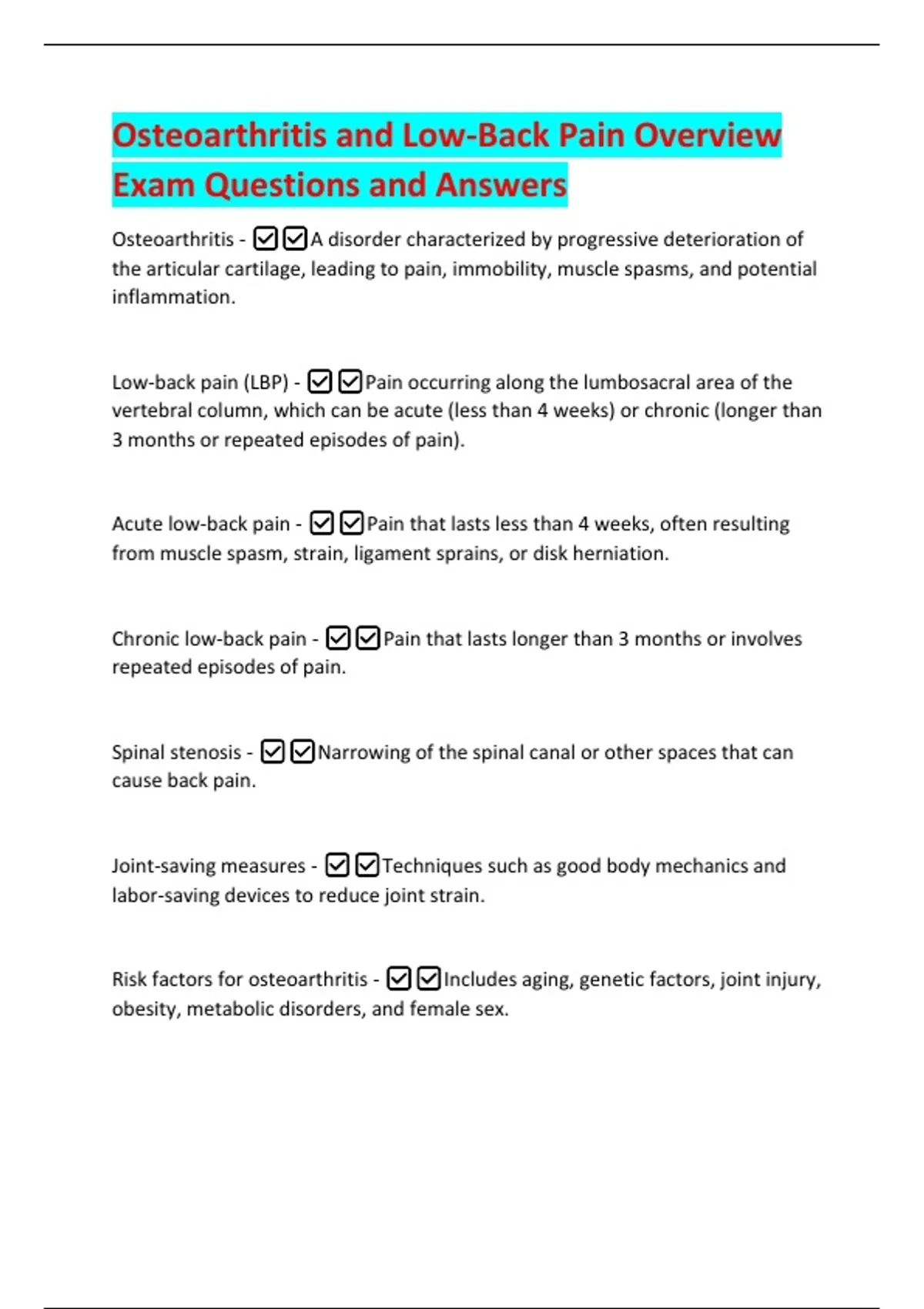 Osteoarthritis and Low-Back Pain Overview Exam Questions and Answers ...