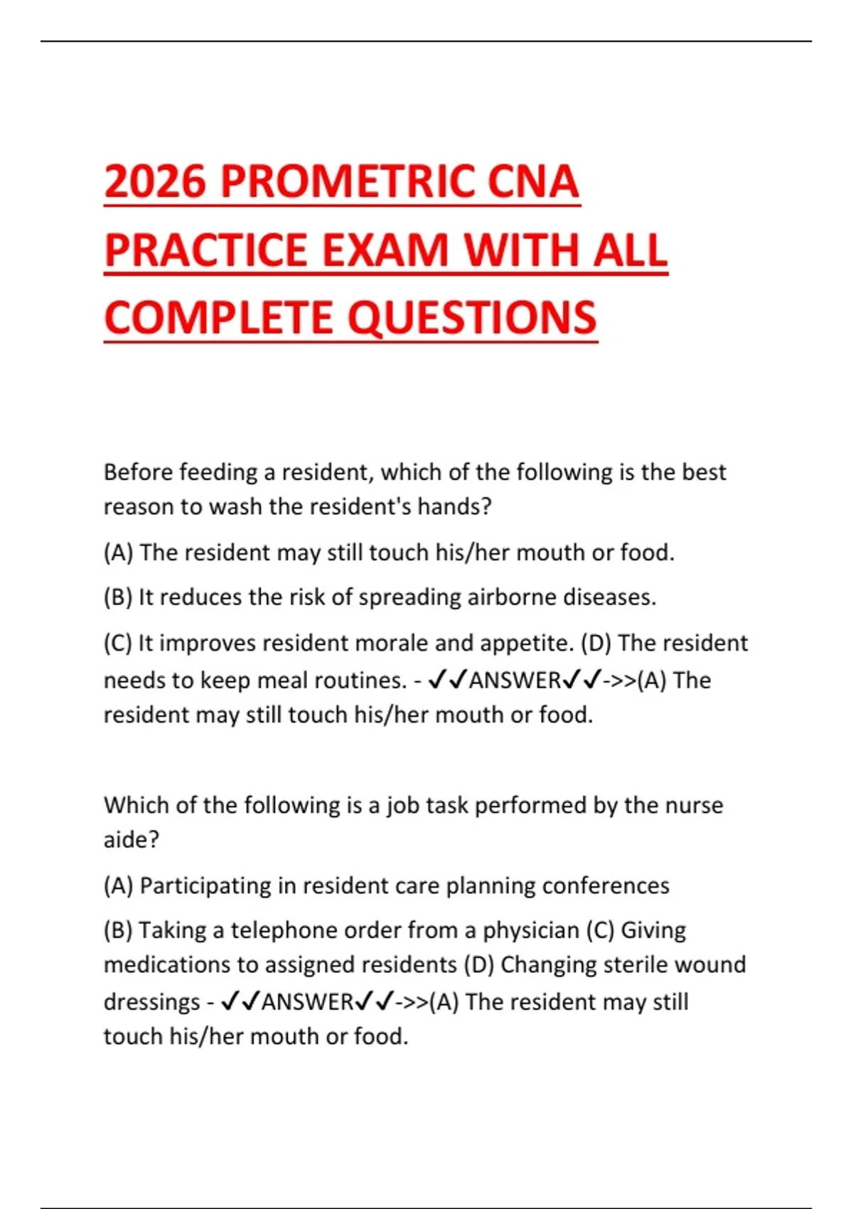 2026 PROMETRIC CNA PRACTICE EXAM WITH ALL COMPLETE QUESTIONS - 2026 PROMETRIC CNA PRACTICE ...