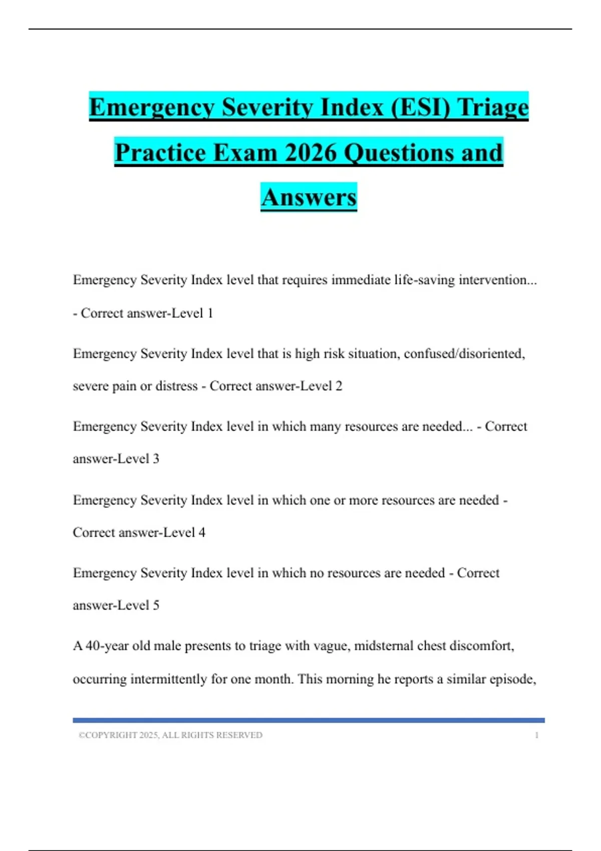 Emergency Severity Index (ESI) Triage Practice Exam 2026 Questions and ...
