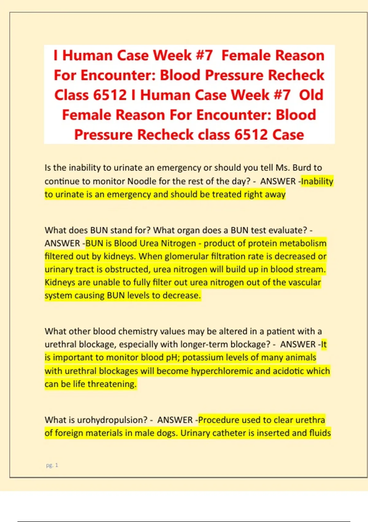 I Human Case Week #7 Female Reason For Encounter: Blood Pressure ...