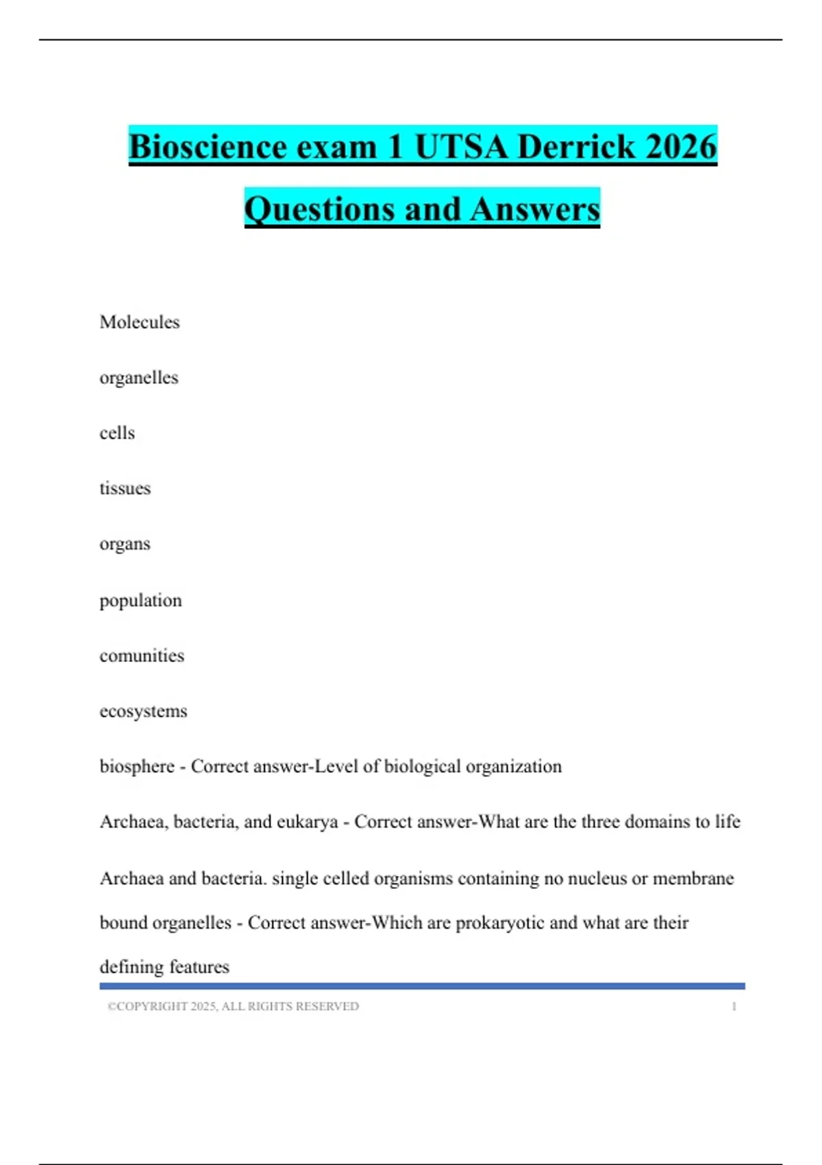 Bioscience exam 1 UTSA Derrick 2026 Questions and Answers - UTSA ...
