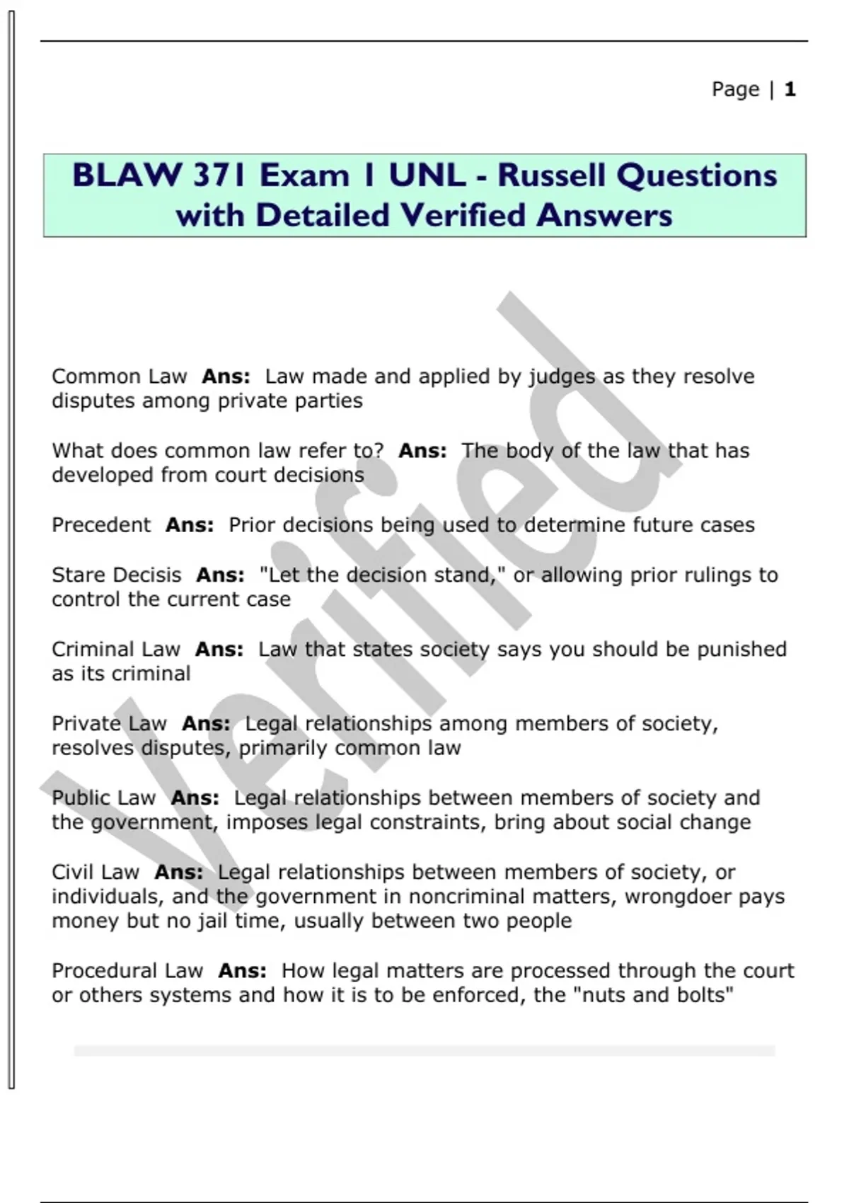 BLAW 371 Exam 1 UNL - Russell Questions with Detailed Verified Answers ...