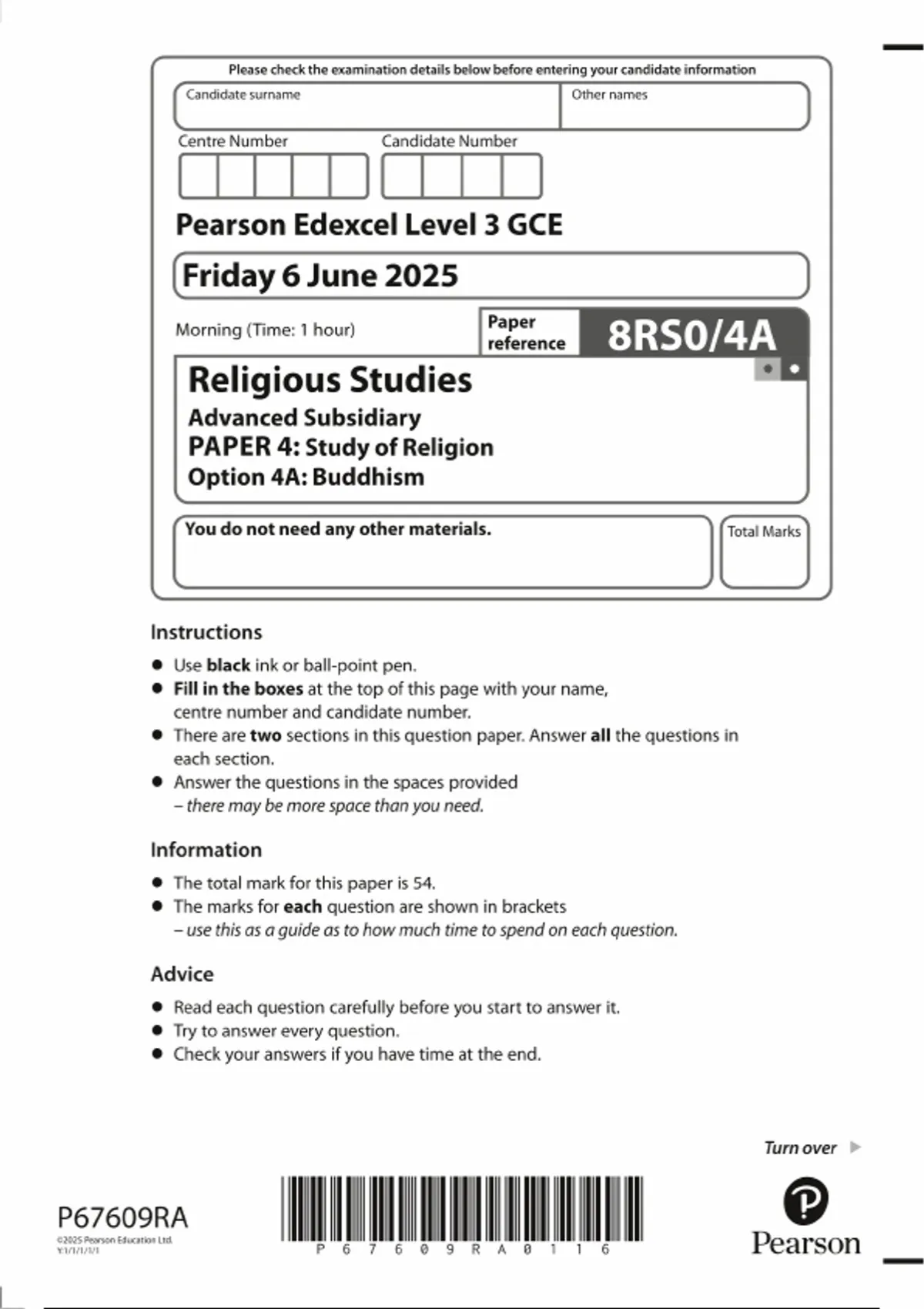 2025 Pearson Edexcel AS Level Religious Studies Paper 4 (8RSO/4A ...