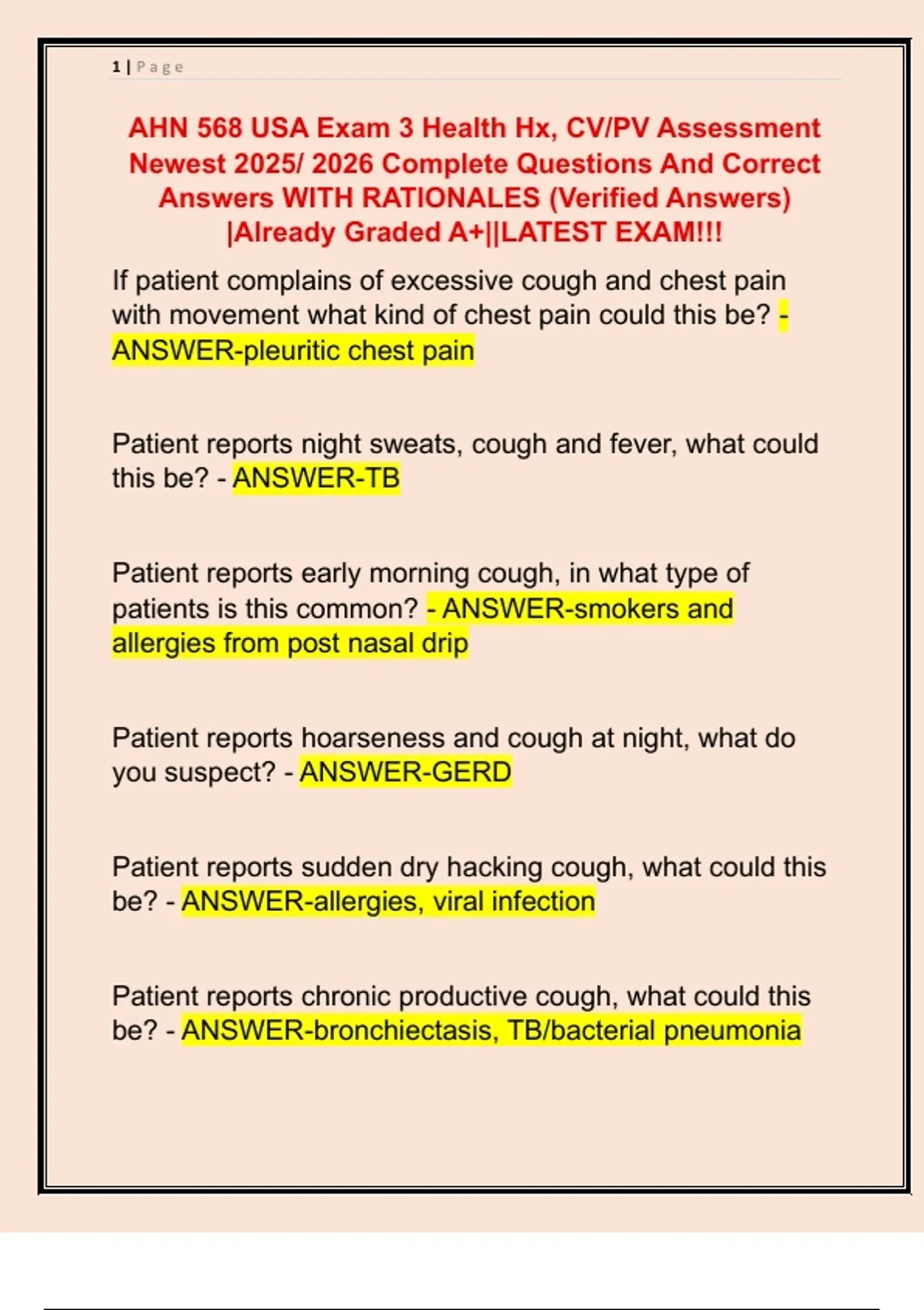 AHN 568 USA Exam 3 Health Hx, CV/PV Assessment Newest 2025/ 2026 Complete Questions And Correct ...
