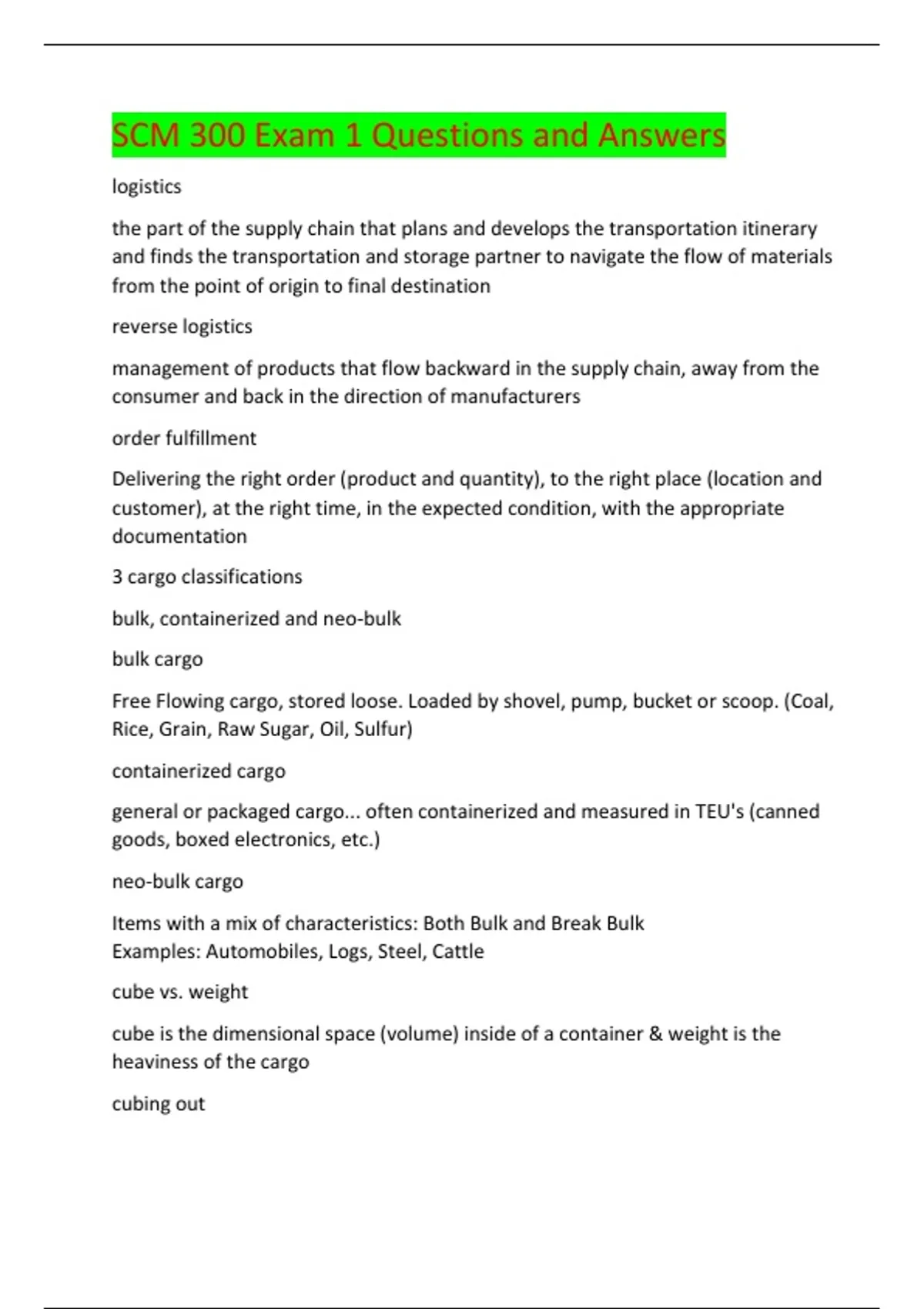 SCM 300 Exam 1 Questions and Answers - Supply chain management - Stuvia US