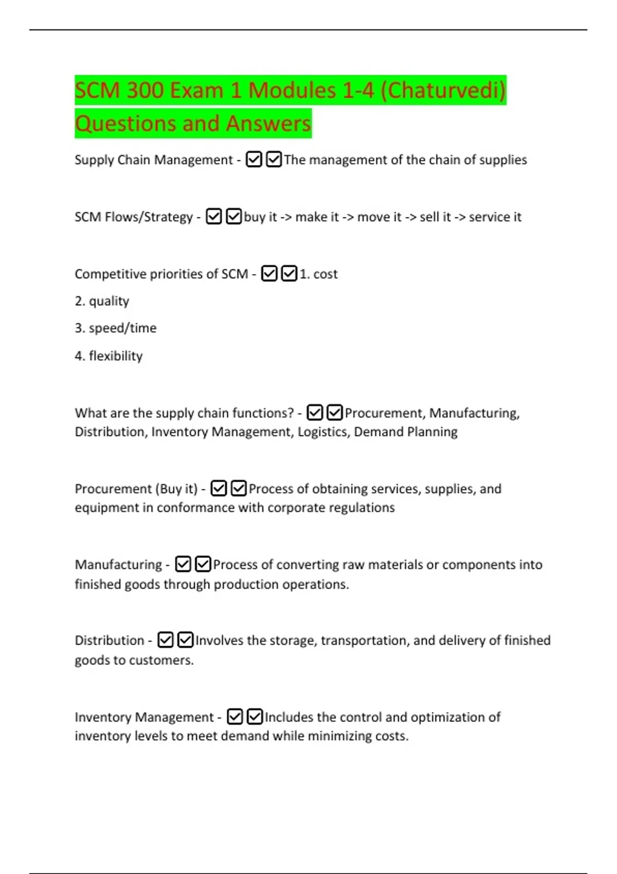 SCM 300 Exam 1 Modules 1-4 (Chaturvedi) Questions and Answers - Supply ...