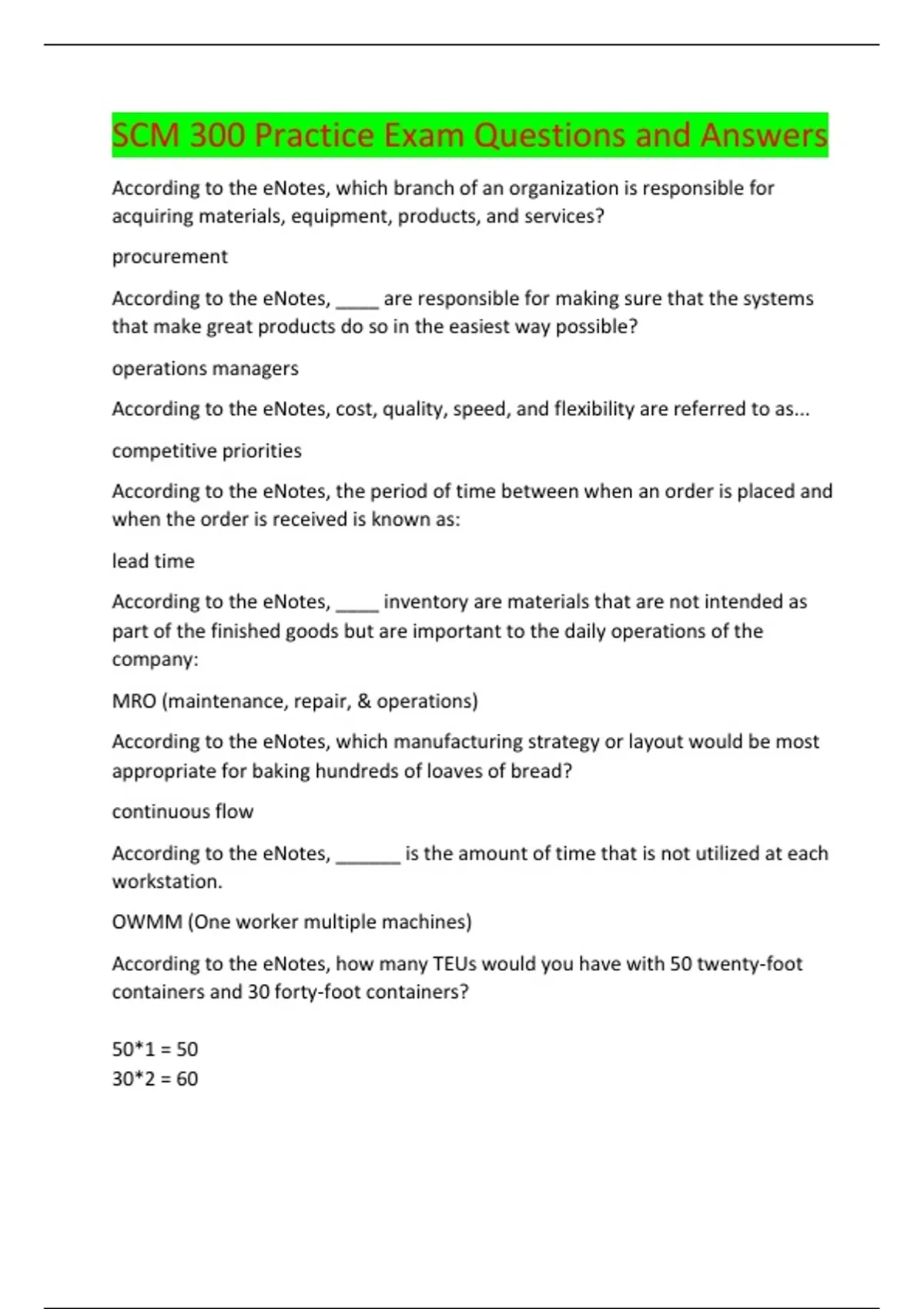 SCM 300 Practice Exam Questions and Answers - SCM 300 - Stuvia US