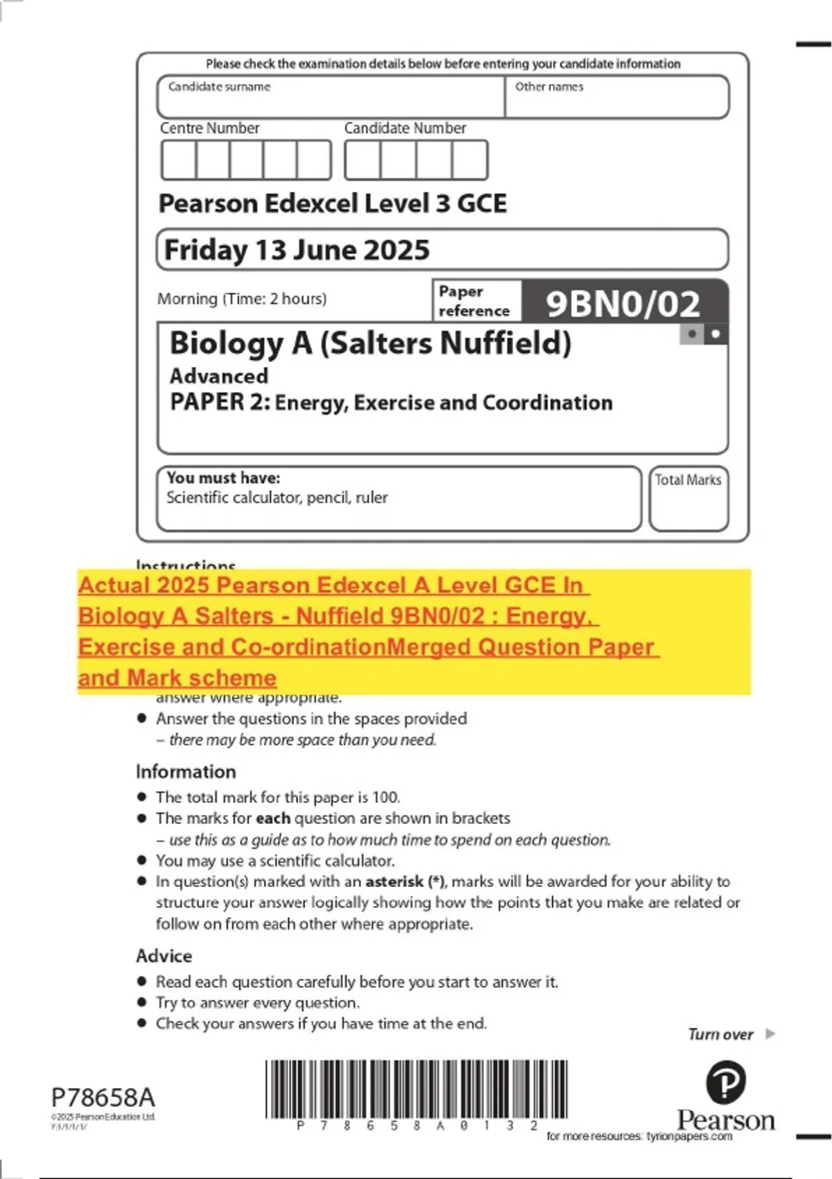 Actual 2025 Pearson Edexcel A Level GCE In Biology A Salters - Nuffield ...