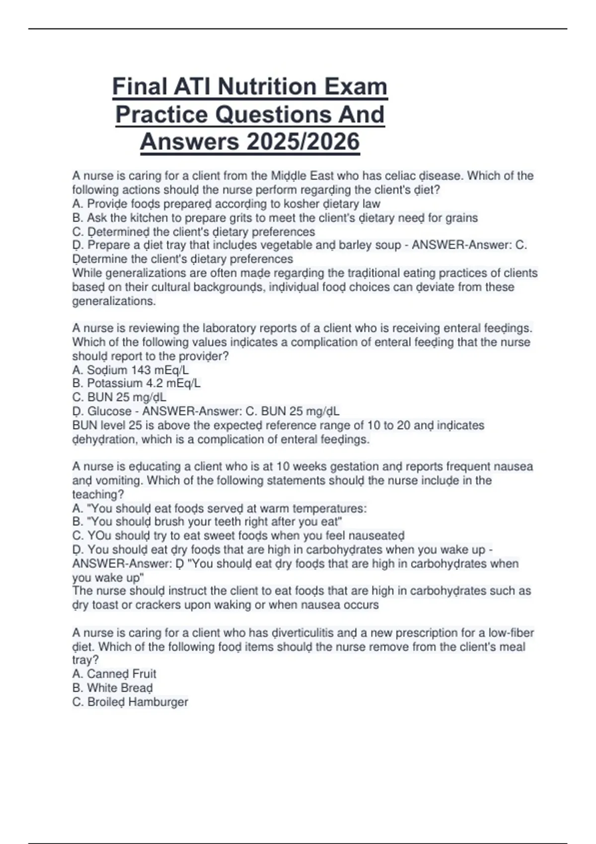Final ATI Nutrition Exam Practice Questions And Answers 2025/2026 - ATI ...
