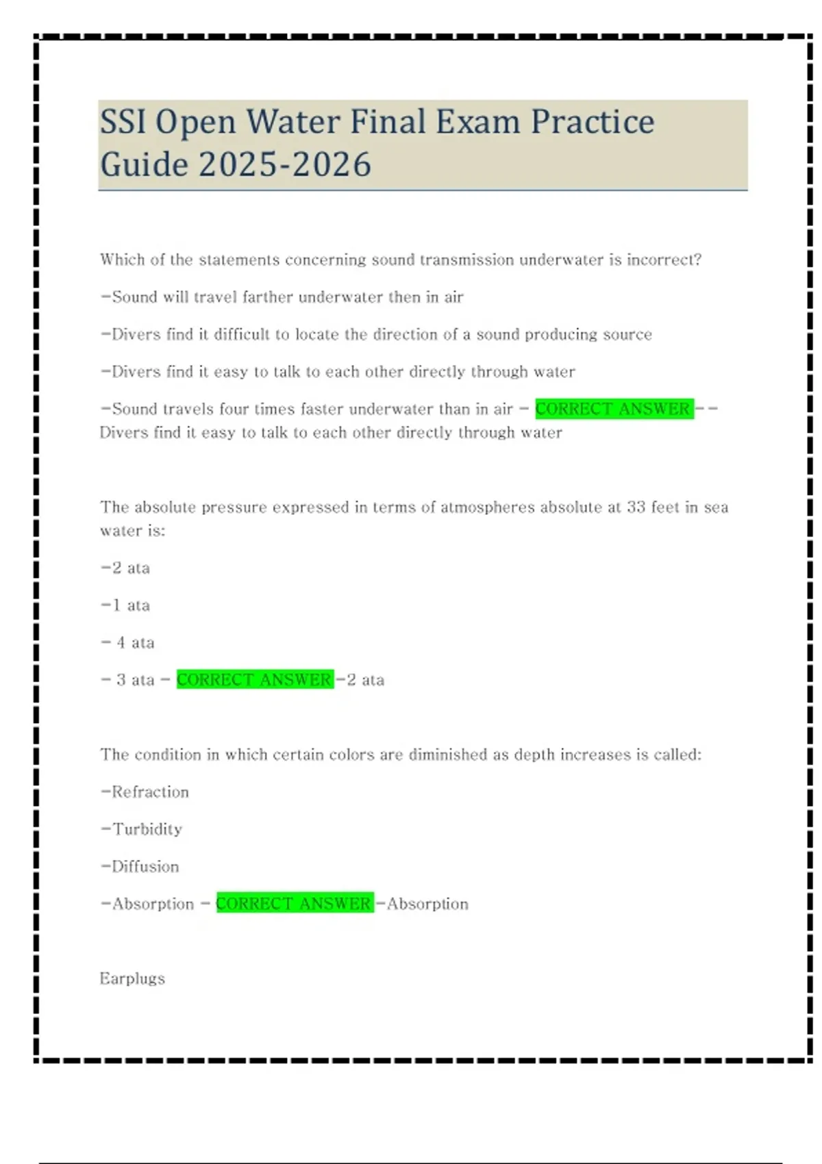 SSI Open Water Final Exam Practice Guide - SCUBA: Open Water Diver ...