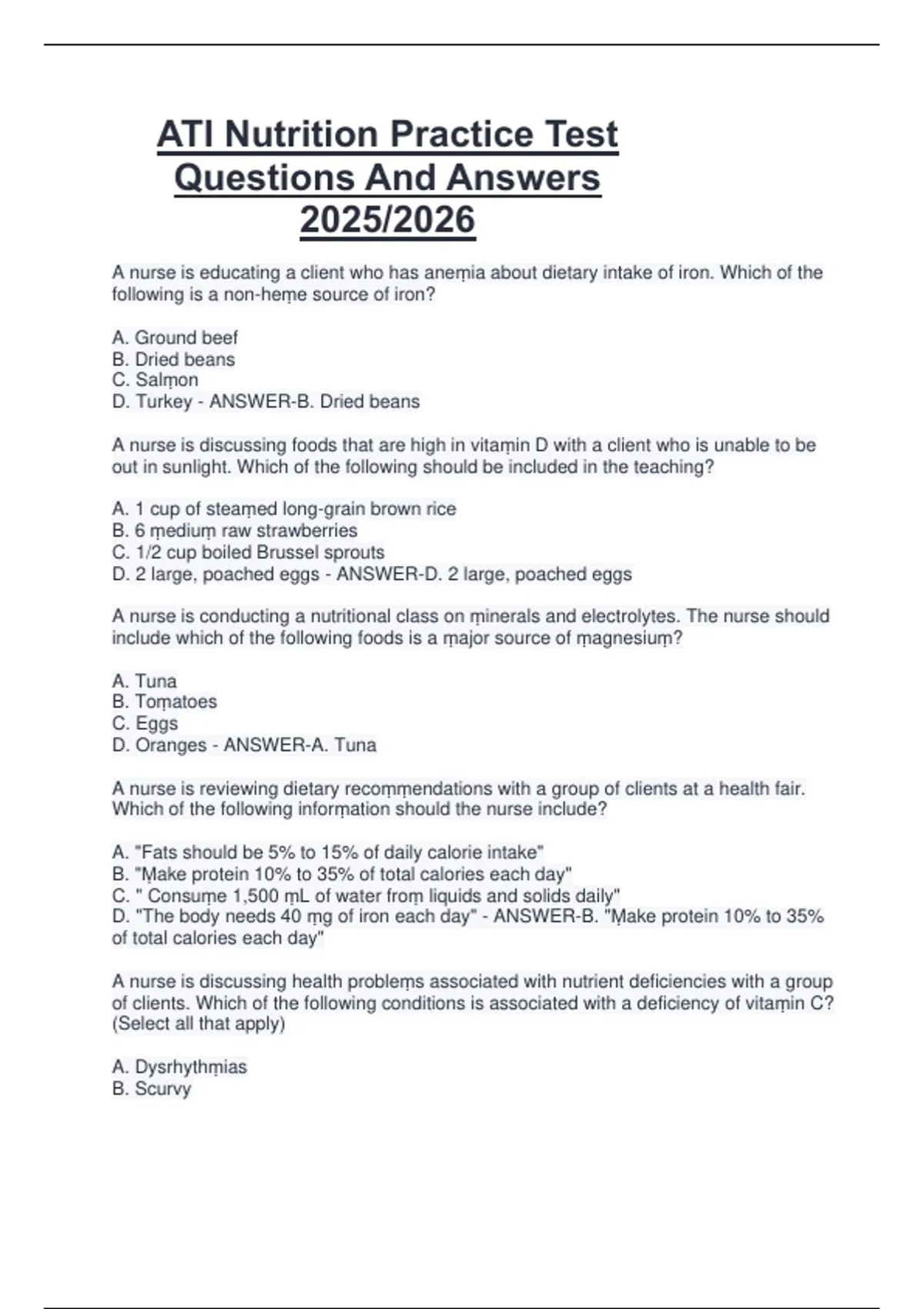 ATI Nutrition Practice Test Questions And Answers 2025/2026 - ATI ...
