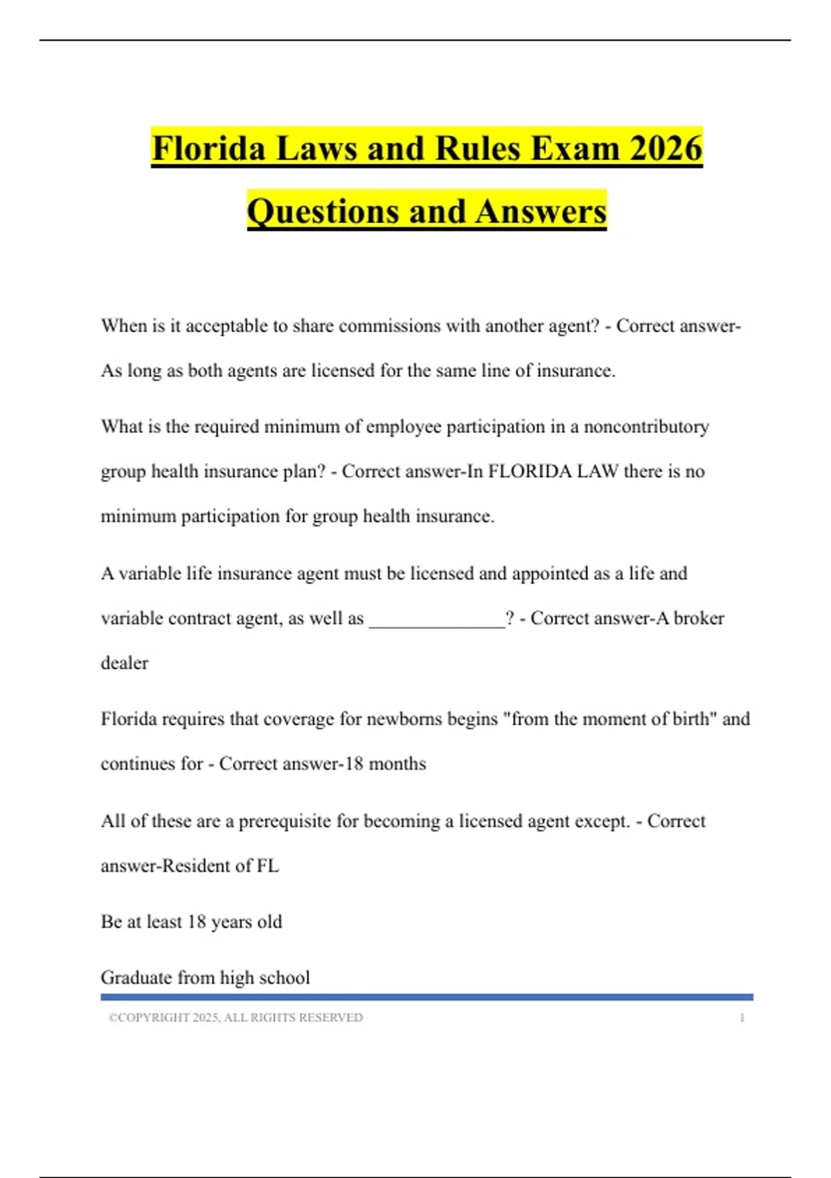 Florida Laws and Rules Exam 2026 Questions and Answers - Florida Laws ...