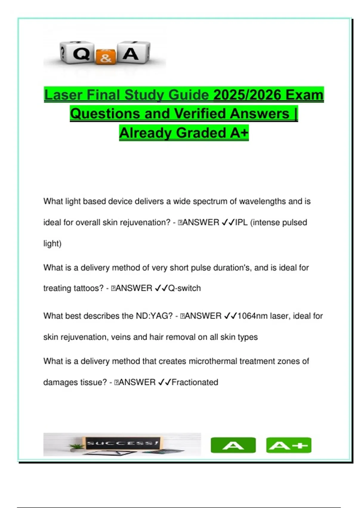 Laser Final Study Guide – 2025/2026 | 100+ Q&A | Hair Removal, Skin ...