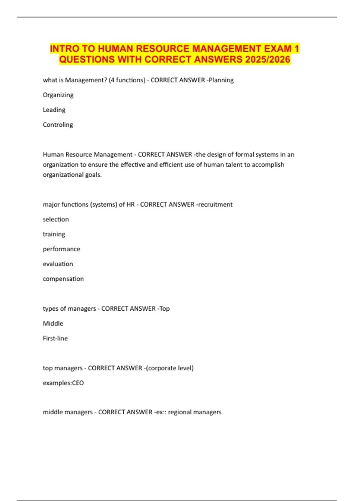 INTRO TO HUMAN RESOURCE MANAGEMENT EXAM 1 QUESTIONS WITH CORRECT ...