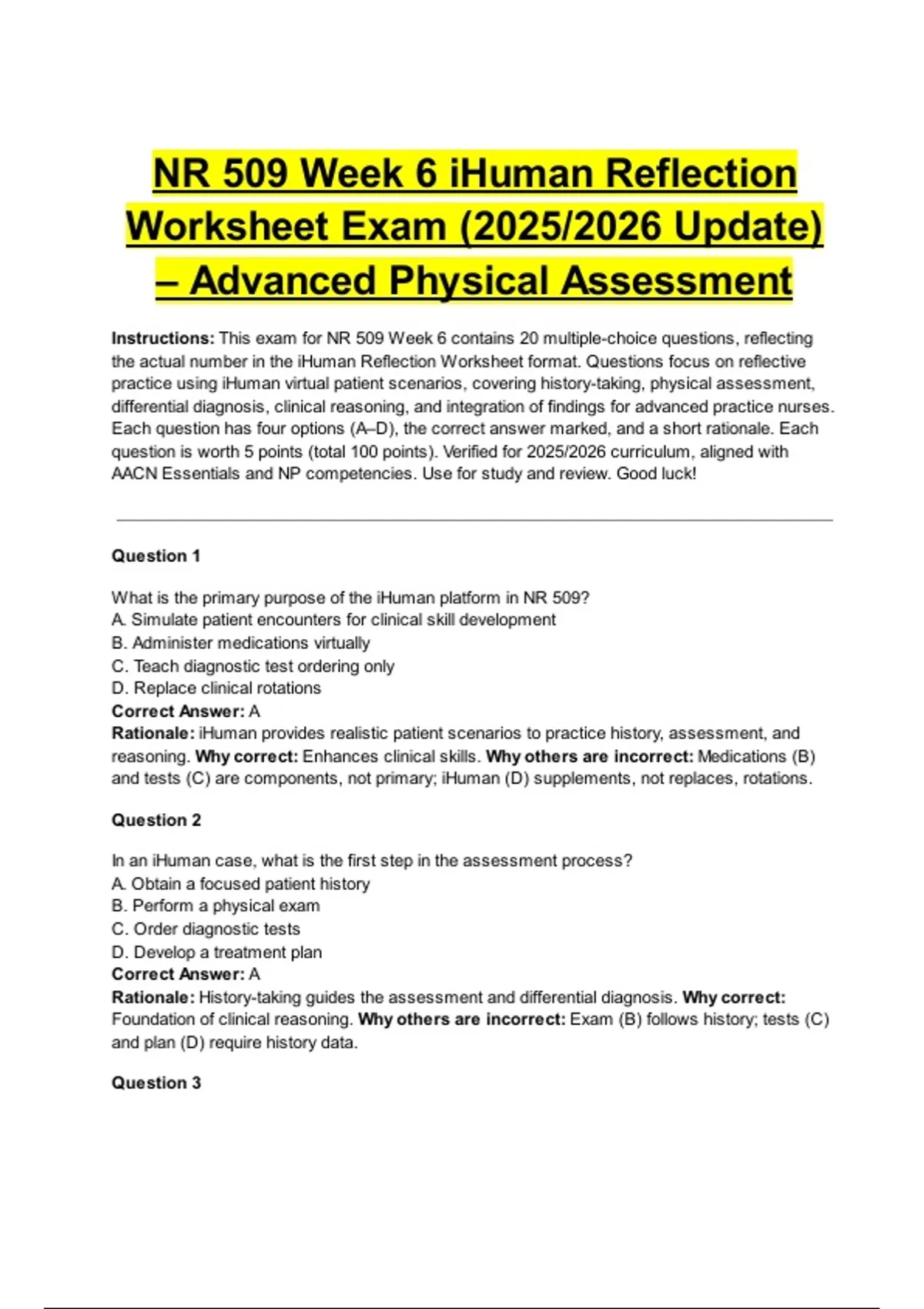 NR 509 Week 6 iHuman Reflection Worksheet – Advanced Physical Assessment (2025/2026) - NR 509 ...