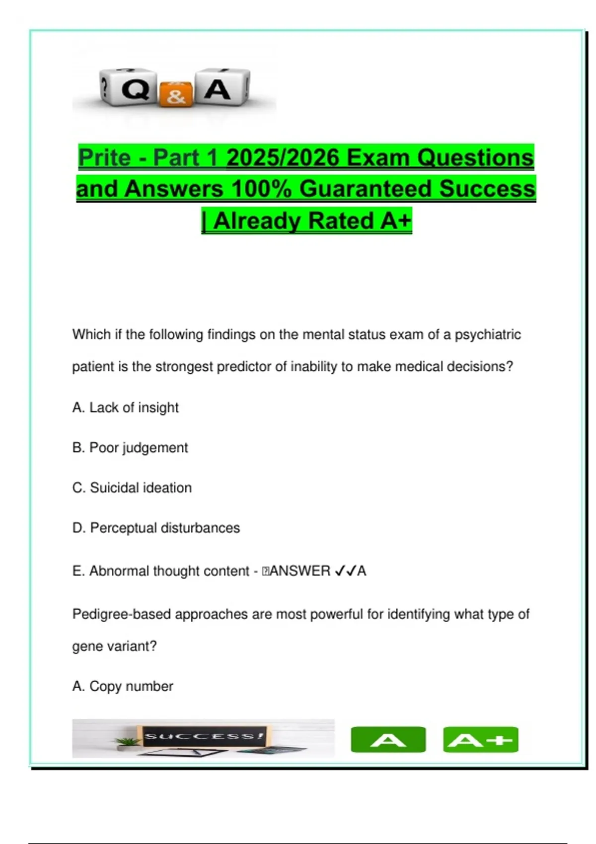PRITE Part 1 – Psychiatry Exam 2025/2026 | 73 Questions with Correct ...