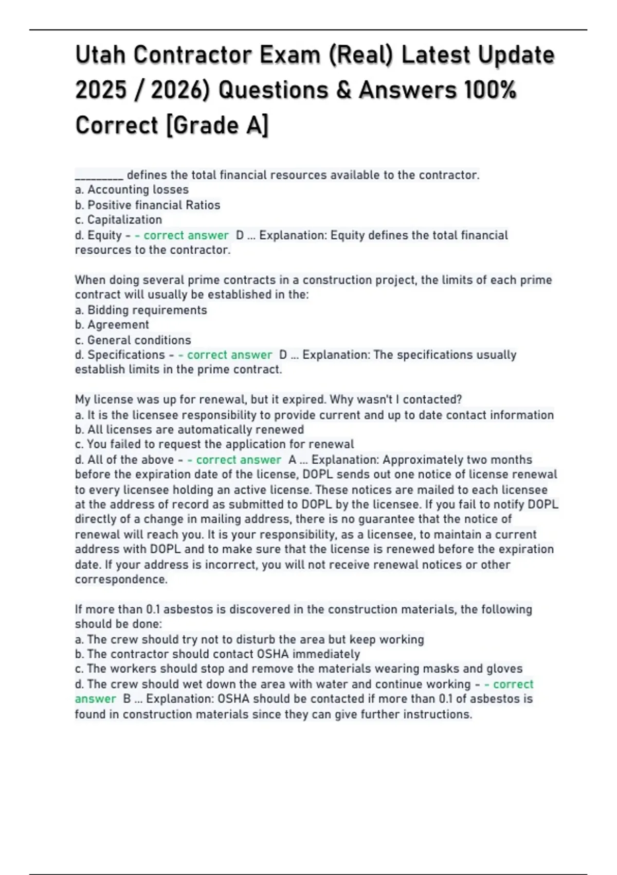 Utah Contractor Exam (Real) Latest Update 2025 / 2026) Questions ...
