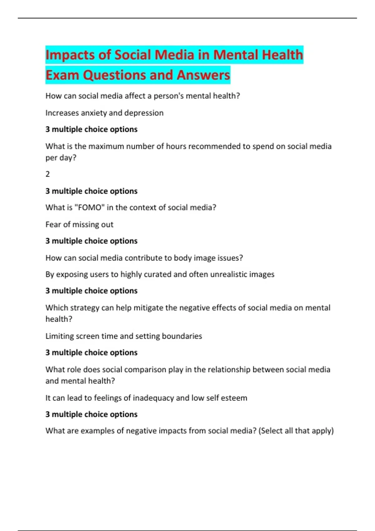 Impacts of Social Media in Mental Health Exam Questions and Answers ...