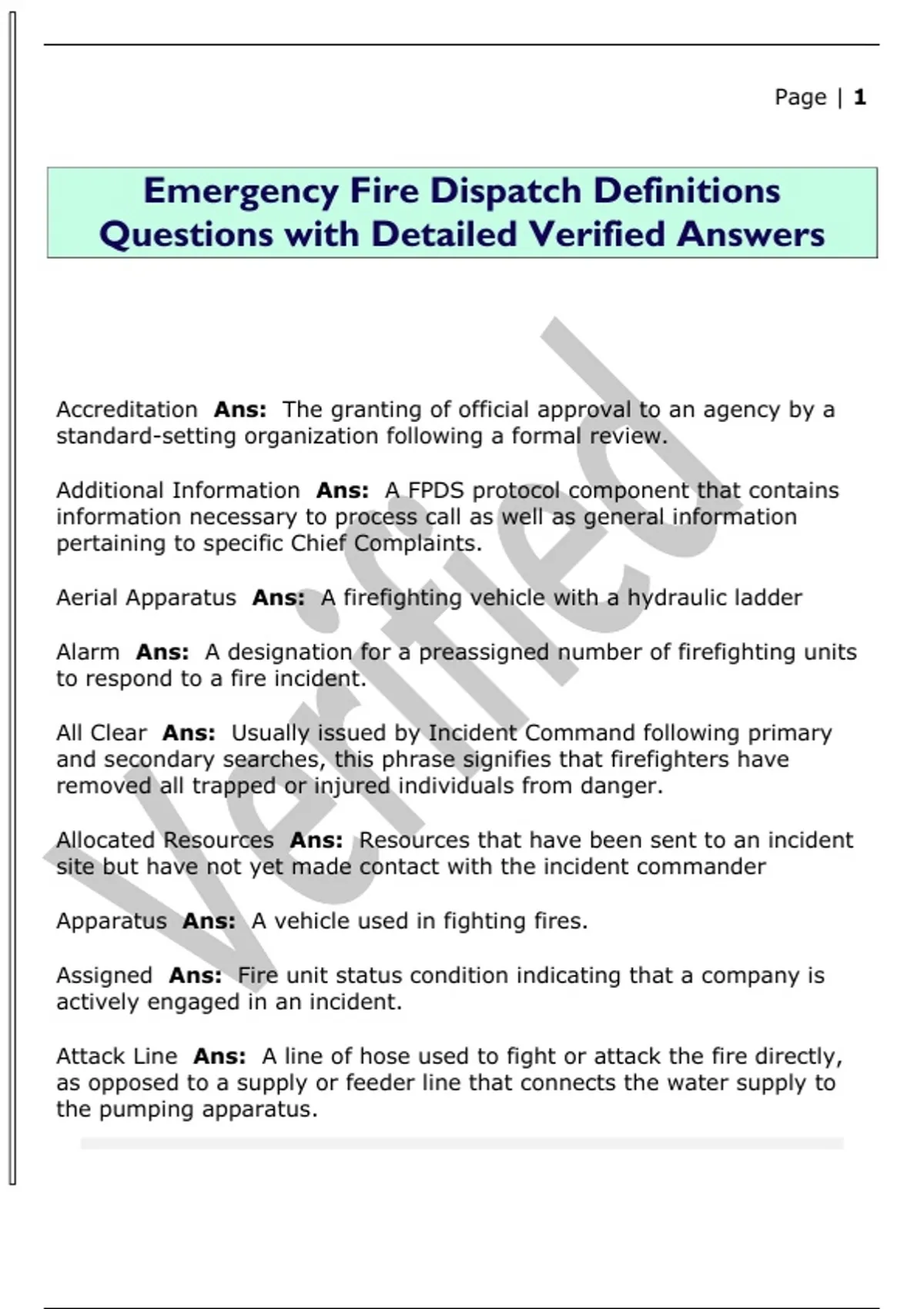 Emergency Fire Dispatch Definitions Questions with Detailed Verified ...