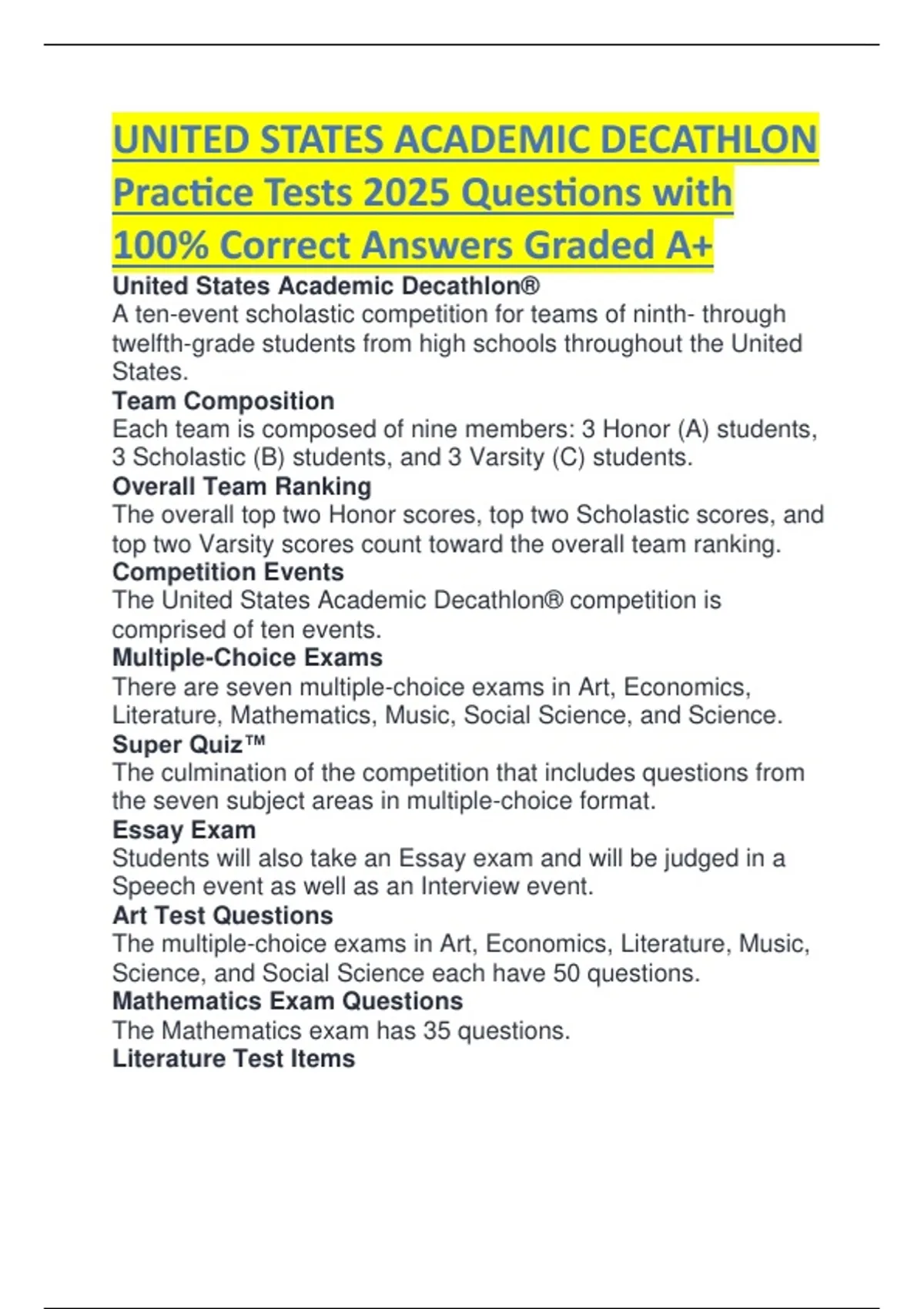 UNITED STATES ACADEMIC DECATHLON Practice Tests 2025 Questions with 100 ...