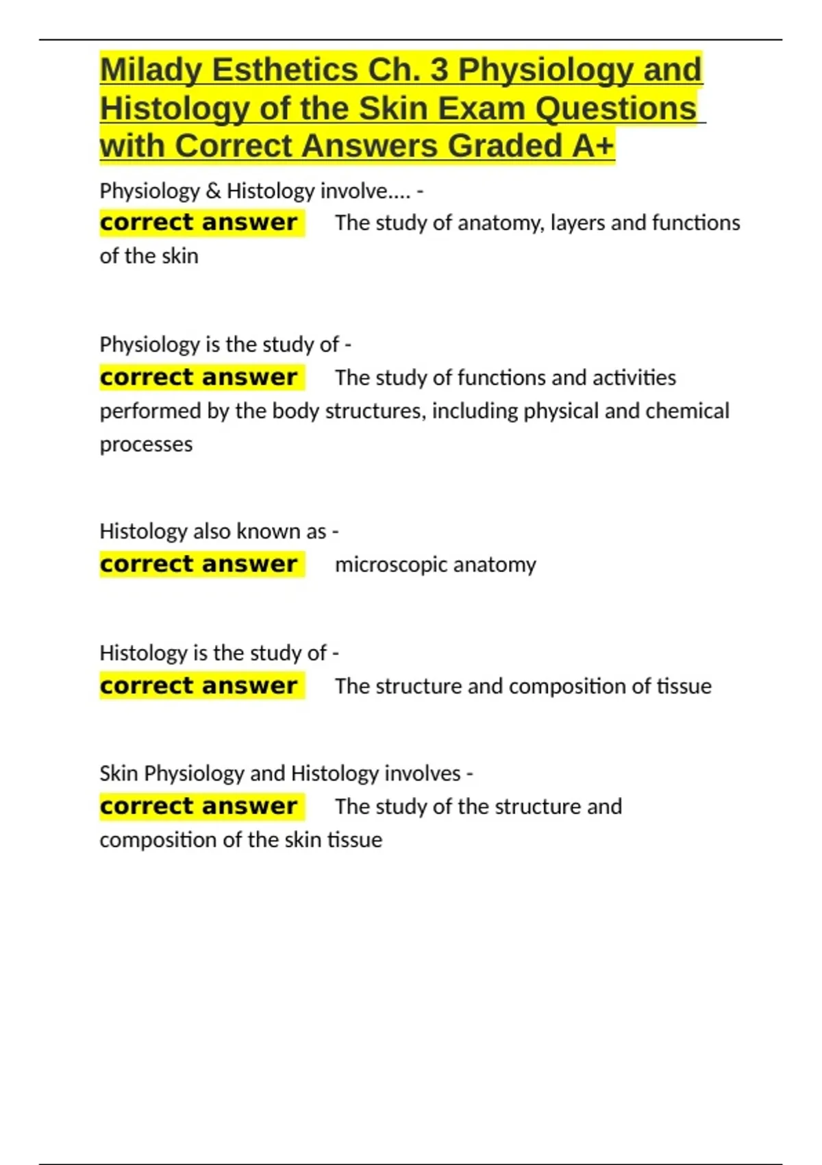 Milady Esthetics Ch. 3 Physiology and Histology of the Skin Exam ...