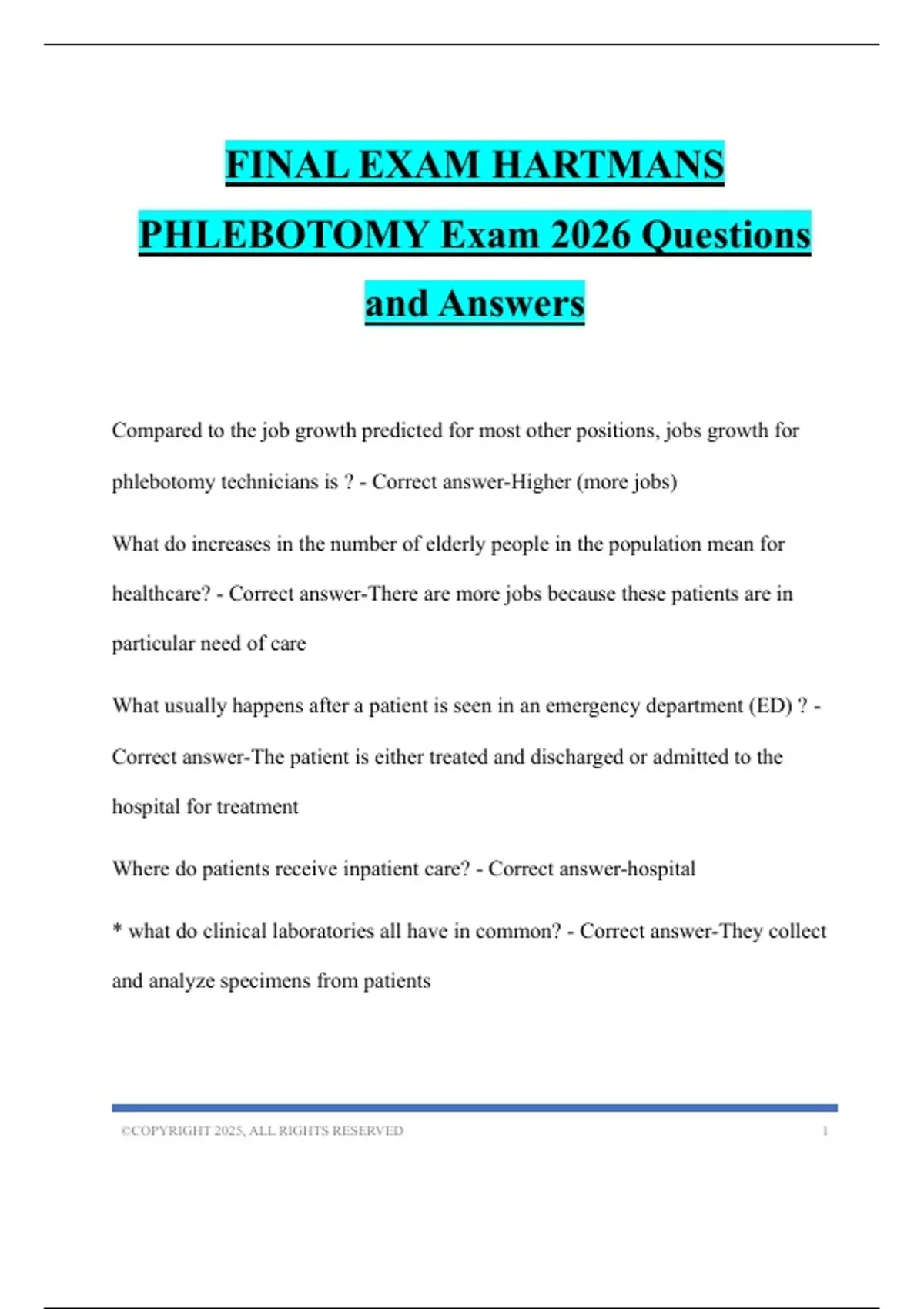 FINAL EXAM HARTMANS PHLEBOTOMY Exam 2026 Questions and Answers ...