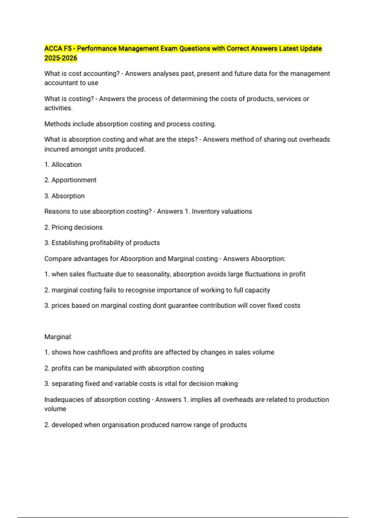 ACCA F5 - Performance Management Exam Questions with Correct Answers ...