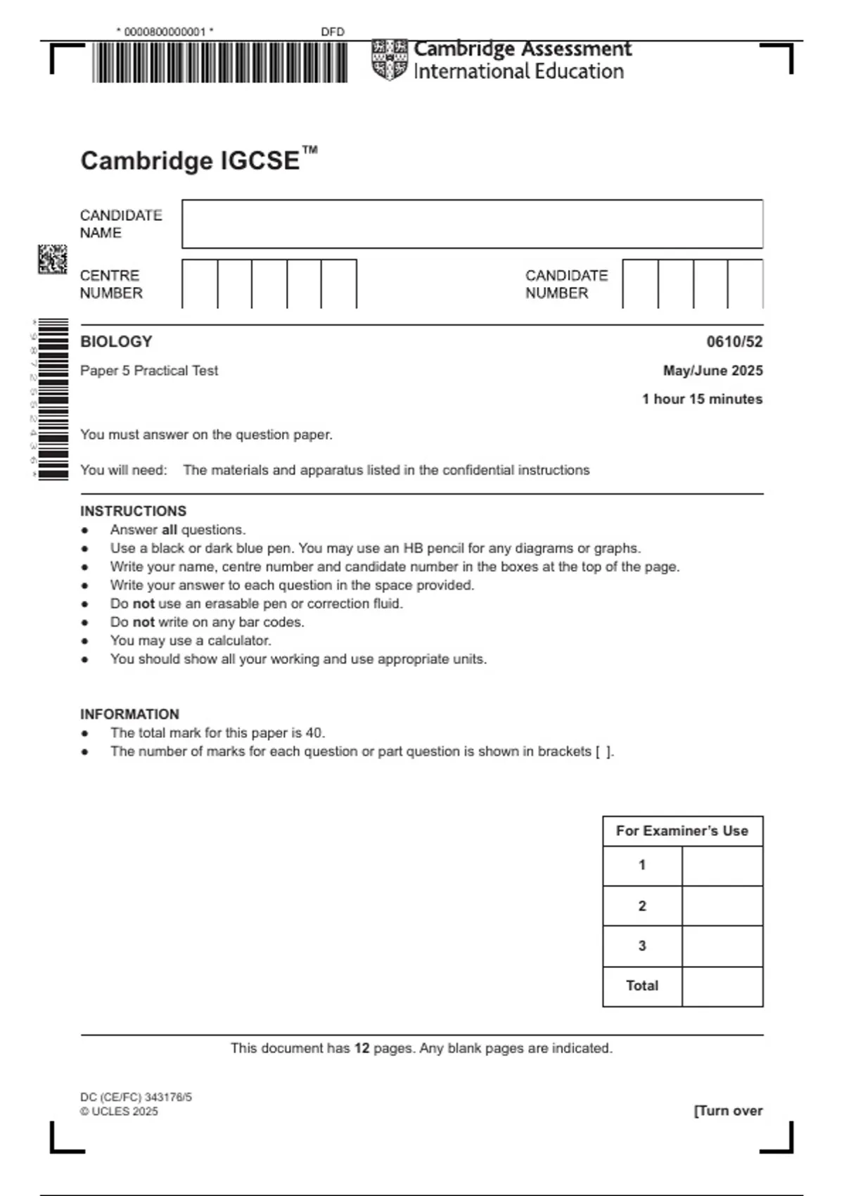 Biology - 0610 / 52 Paper 5 - Practical Test Question Paper - May ...