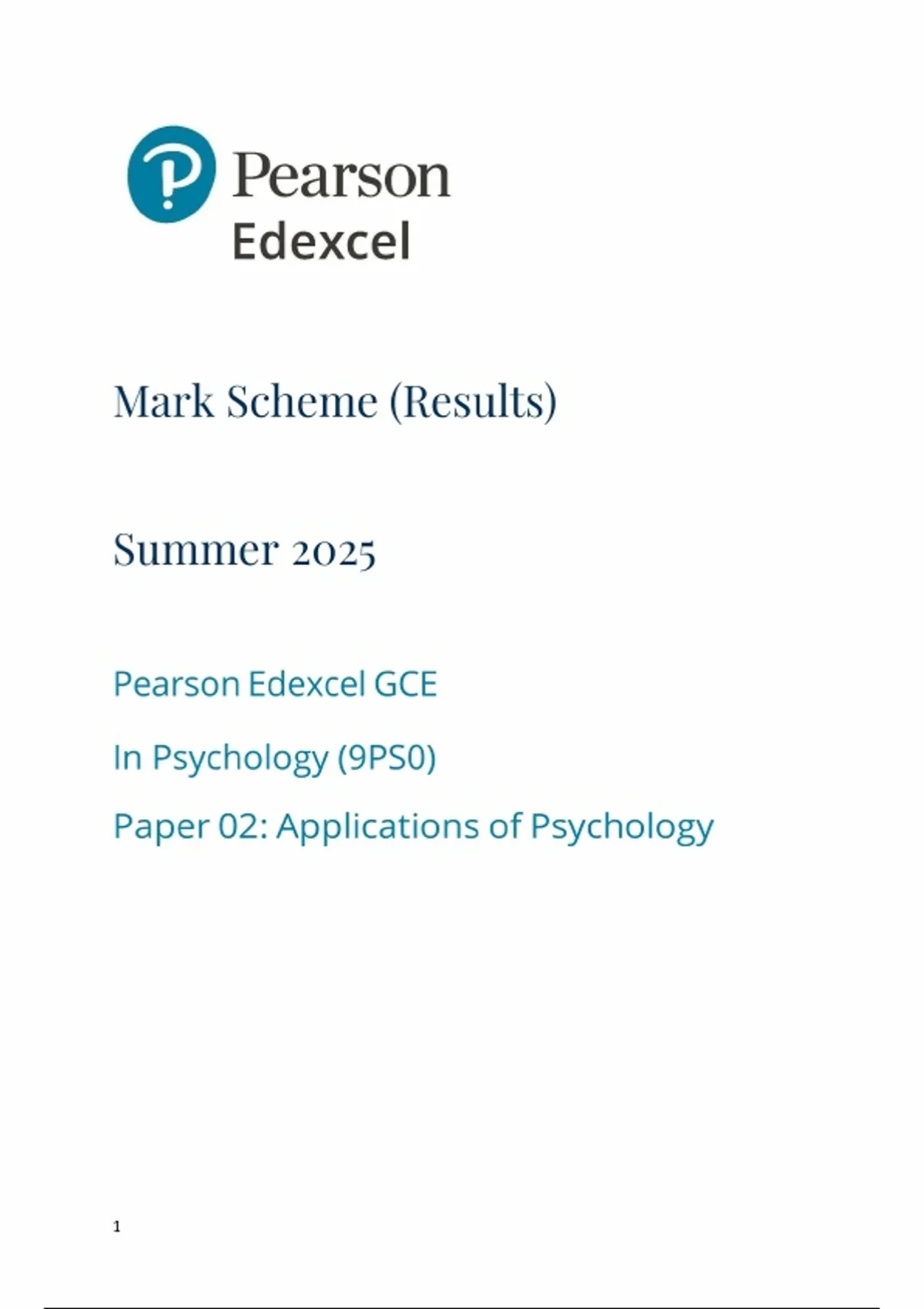 PEARSON EDEXCEL A LEVEL PSYCHOLOGY PAPER 2 MARK SCHEME 2025 (9PS0/02 ...